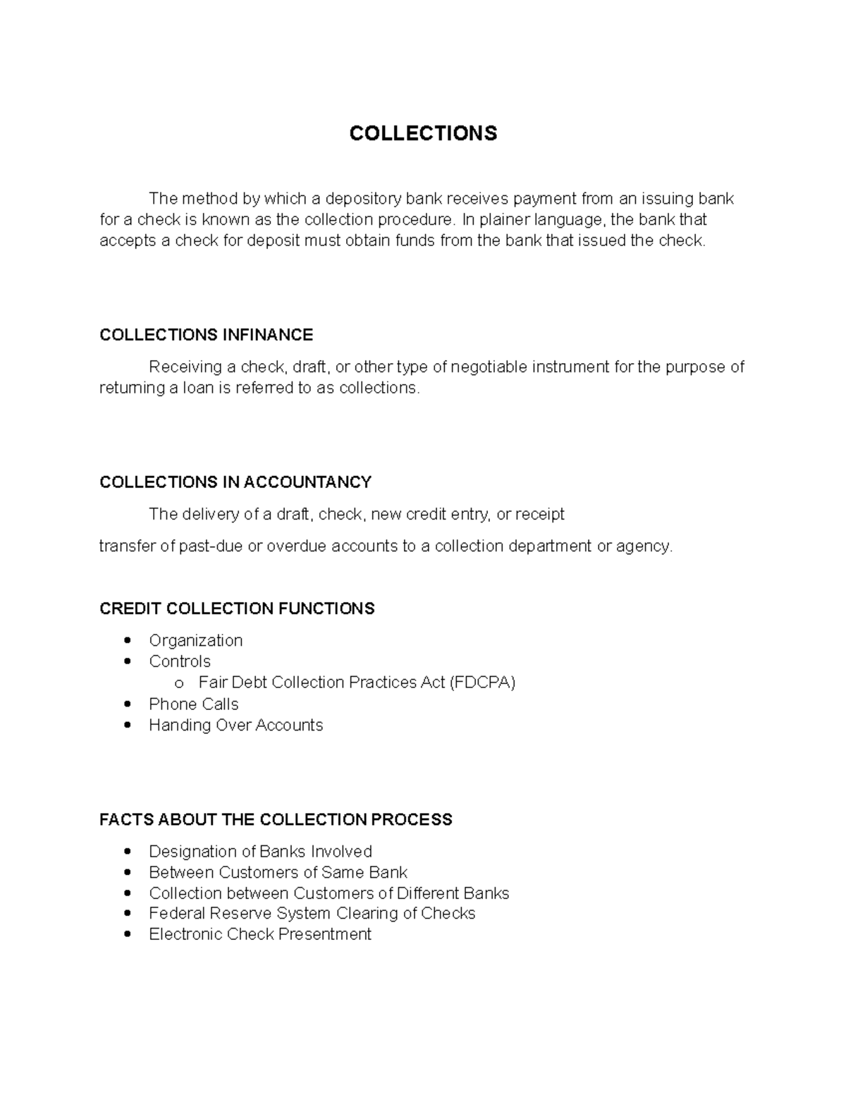 Collections - FINANCE COLLECTION - COLLECTIONS The method by which a ...