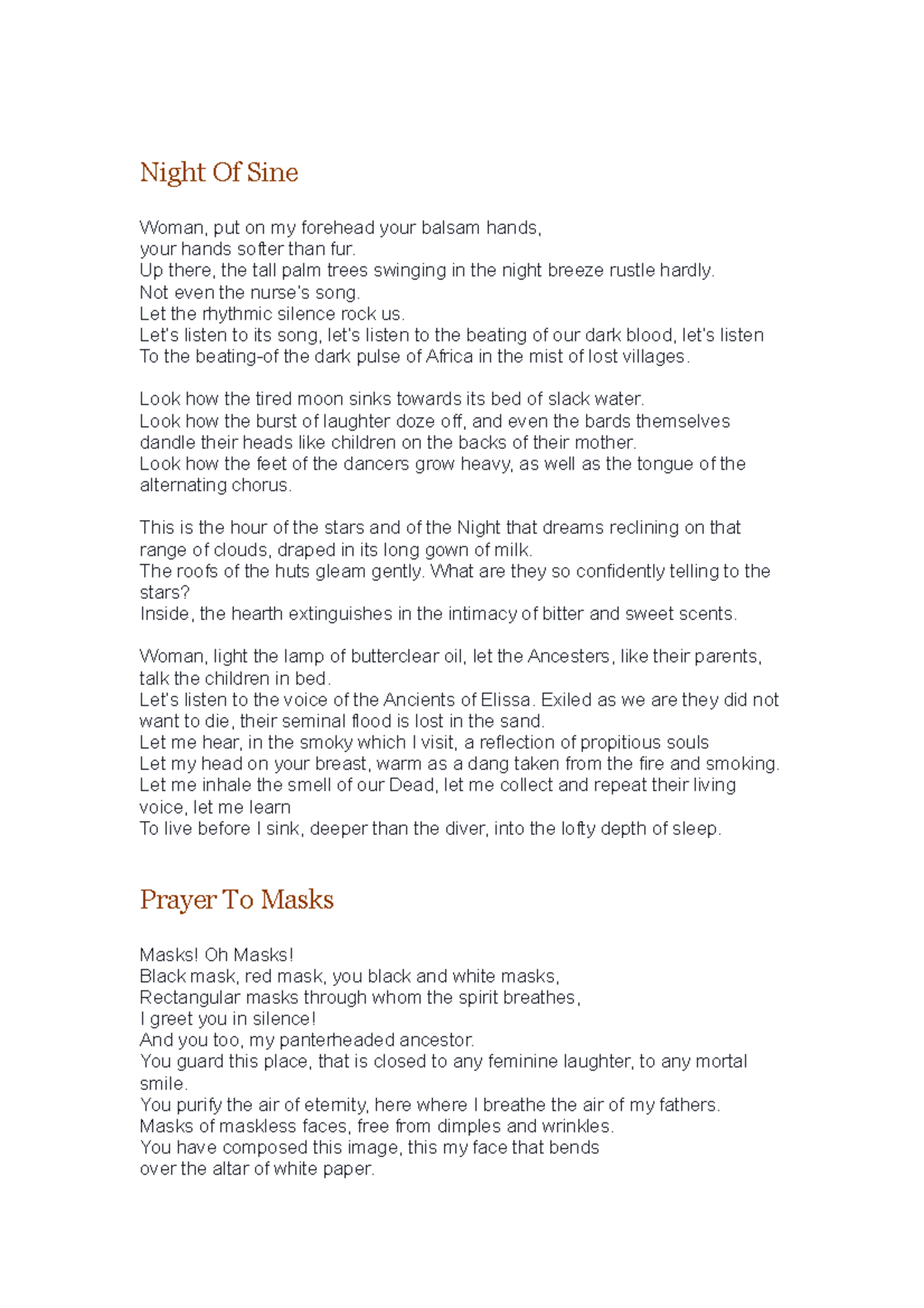 African poem-Leopold Senghor (Senegal) - Night Of Sine Woman, put on my forehead your balsam ...