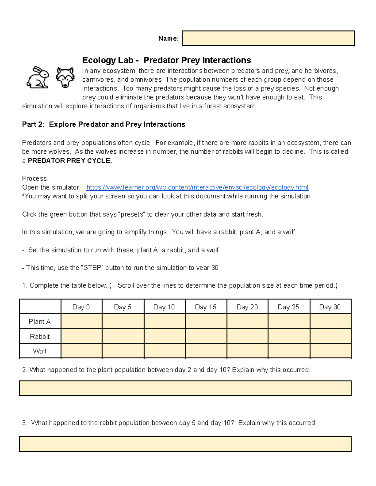 Megan Smart - Ecology Lab - Predator Prey Interactions Part 2 - Name ...