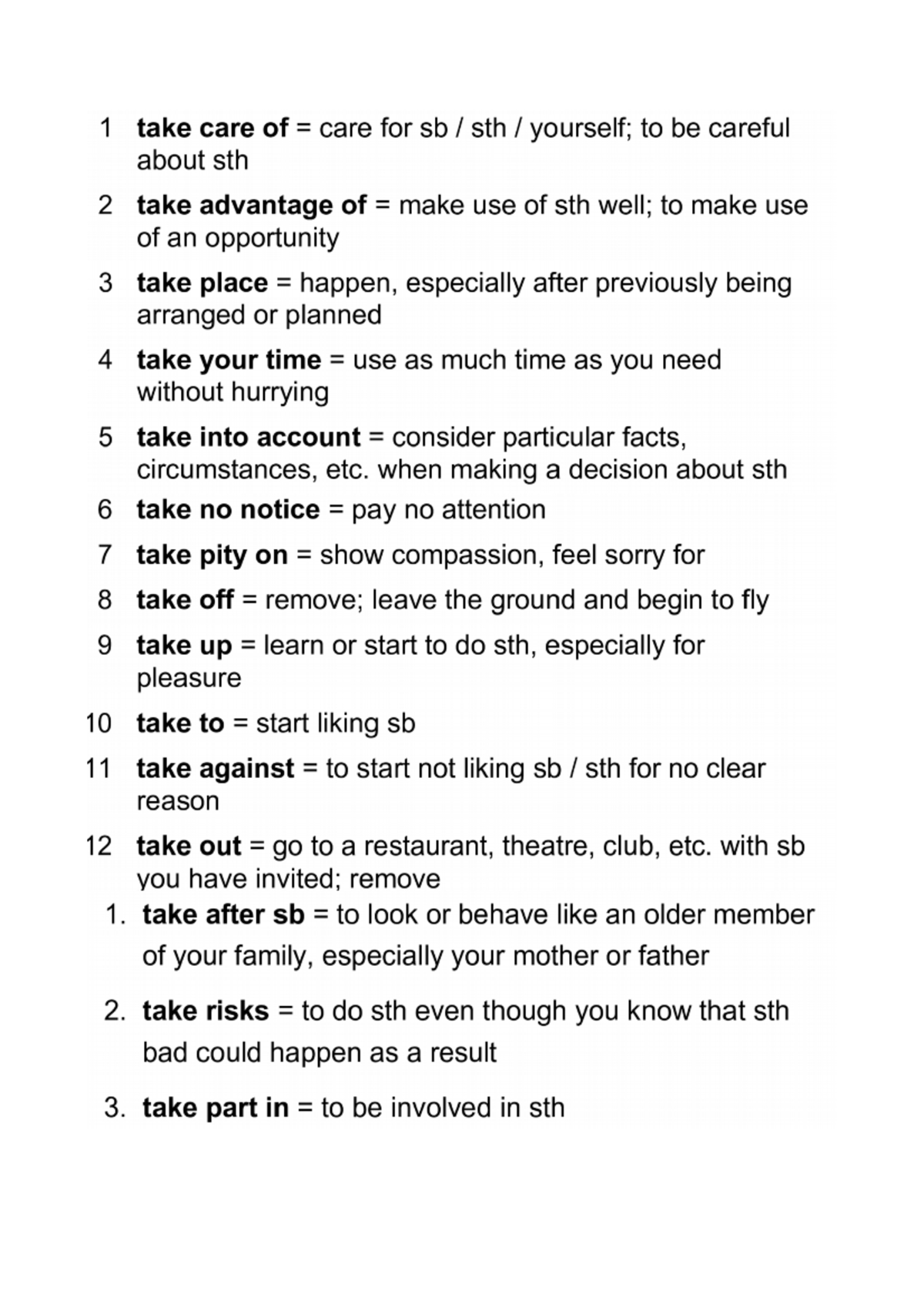 Expressions WITH TAKE - Inglese - Studocu