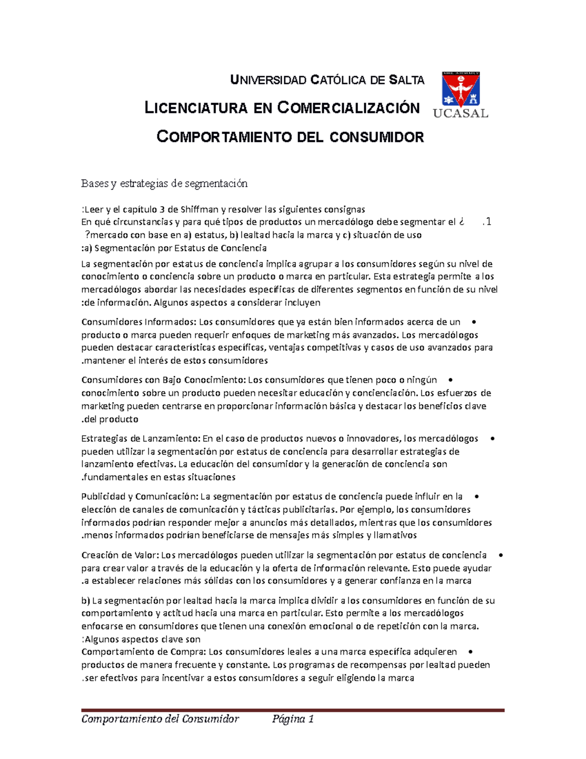 Trabajo Practico Comportamiento del consumidor - UNIVERSIDAD CATÓLICA DE SALTA LICENCIATURA EN ...