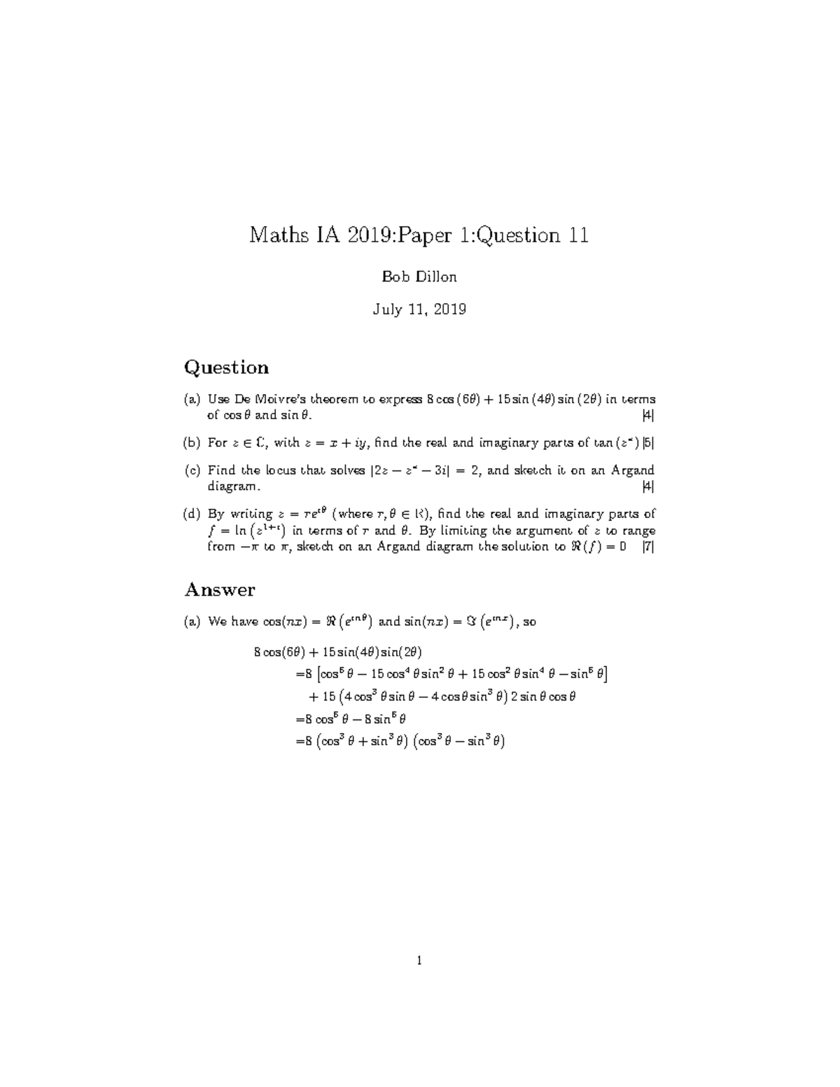 1A maths 2019 P1 Q11(Complex Numbers) - Maths IA 2019:Paper 1:Question ...