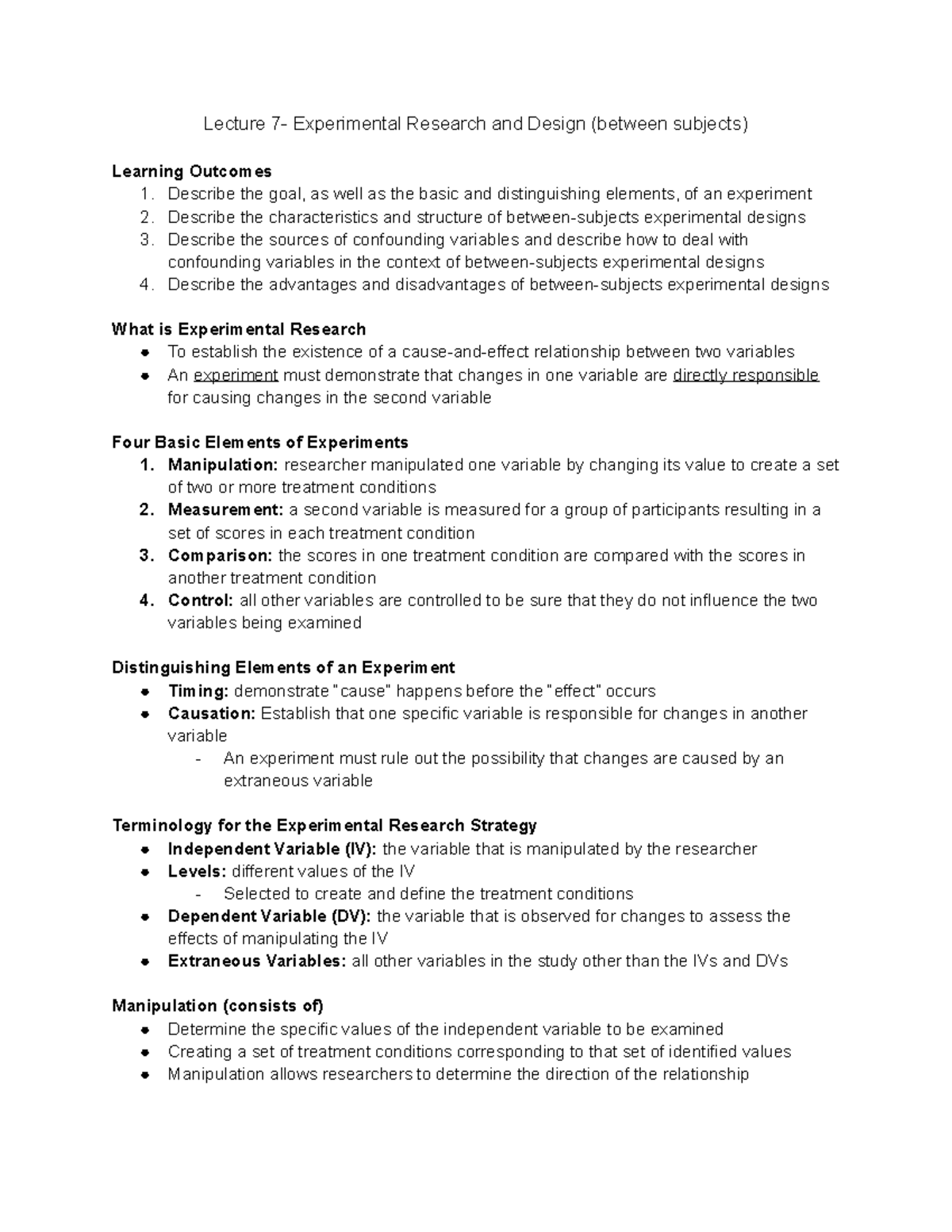 Lecture 7 Notes - Lecture 7- Experimental Research and Design (between ...