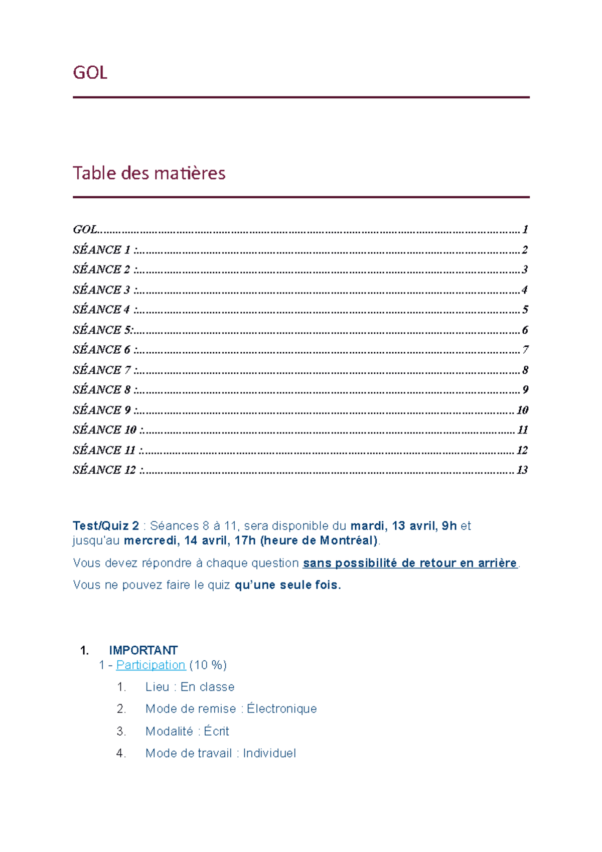 GOL - notes - GOL Table des matières - Studocu