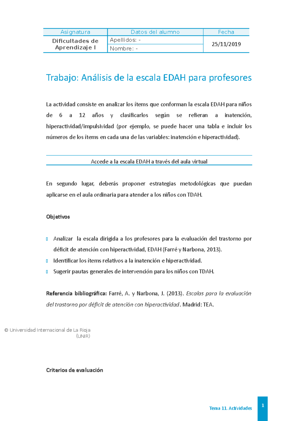 Trabajo Análisis de la escala EDAH para profesores - Asignatura Datos ...