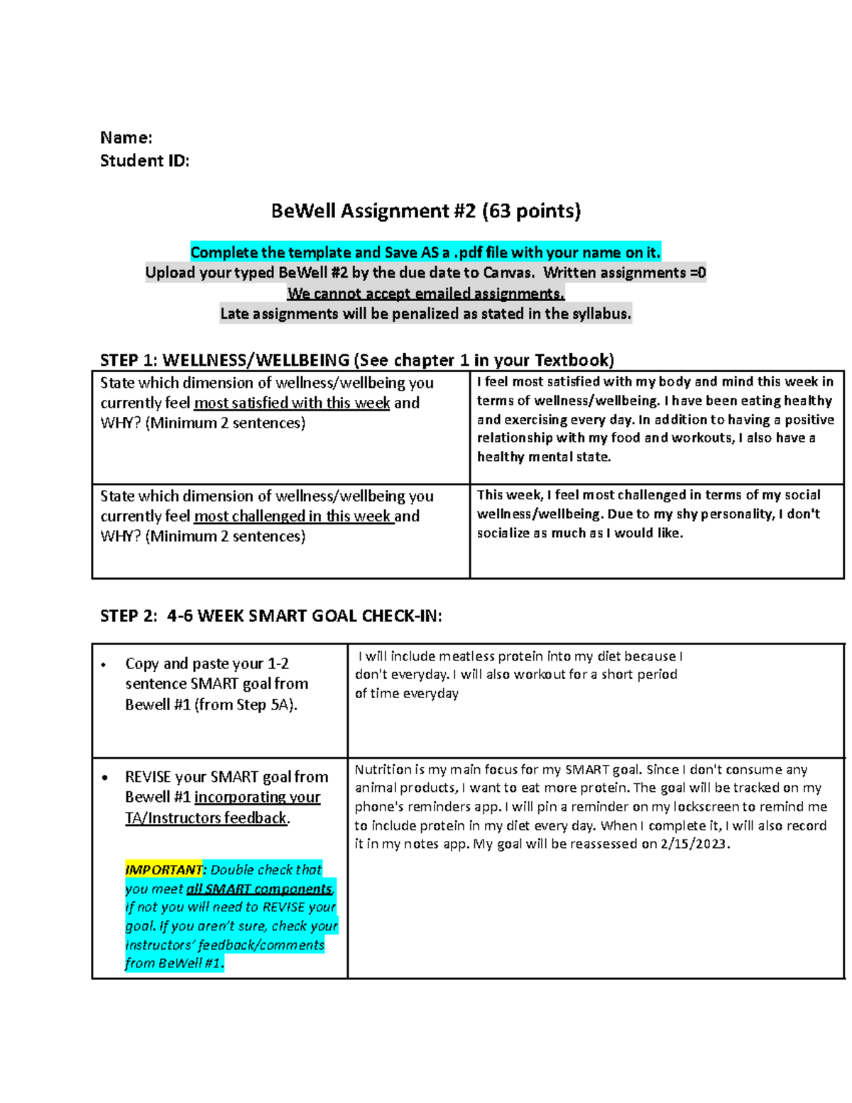 Be Well Assignment 2 W23 - Name: Student ID: BeWell Assignment #2 (63 ...