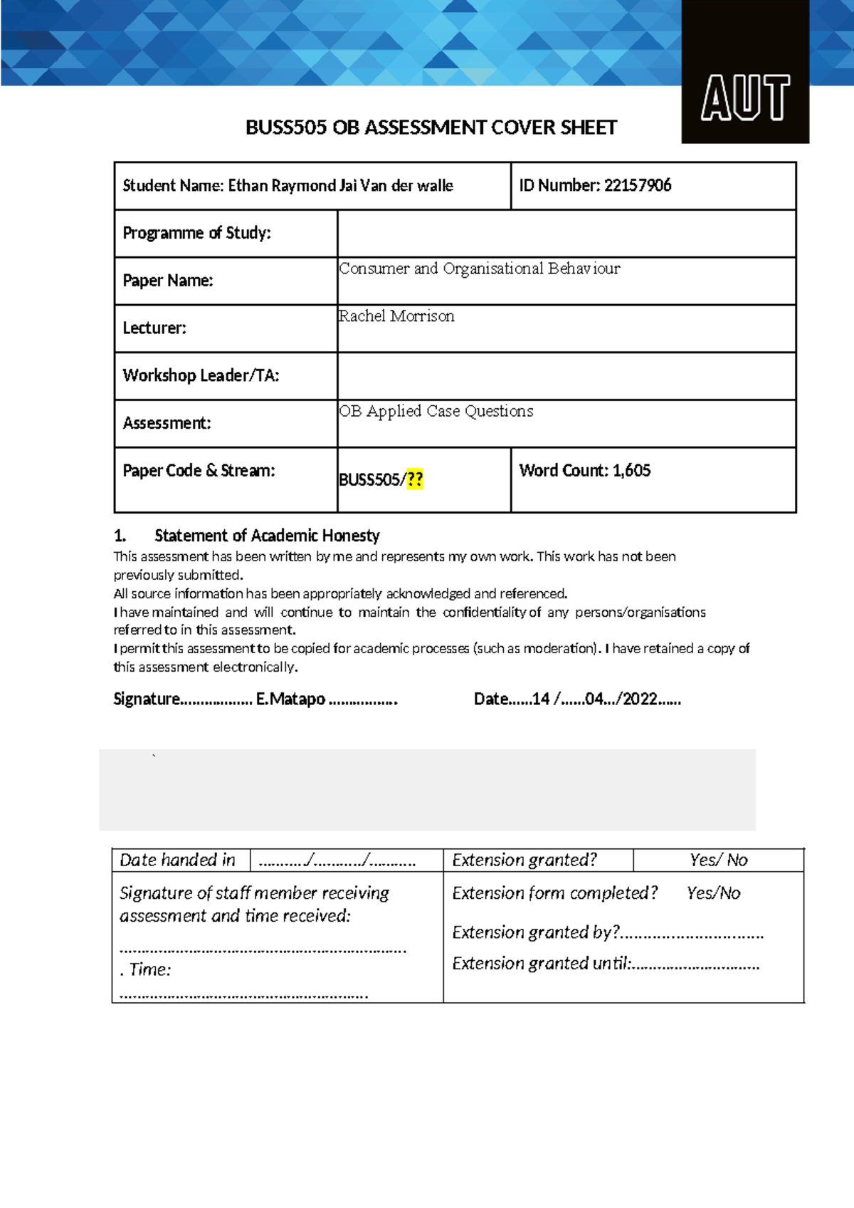 BUSS505 OB Ethan Van Der Walle Assignment 1 (final) - BUSS505 OB ...