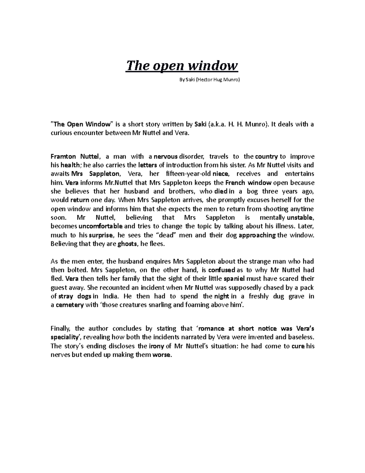 Short Storyes Summary - Apuntes 1,2,3,4 - The open window By Saki ...