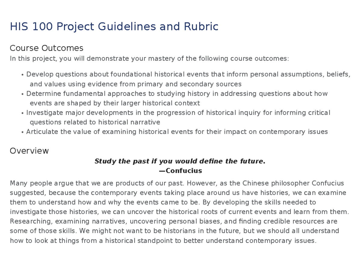 HIS 100 Project Guidelines and Rubric - HIS 100 Project Guidelines and ...