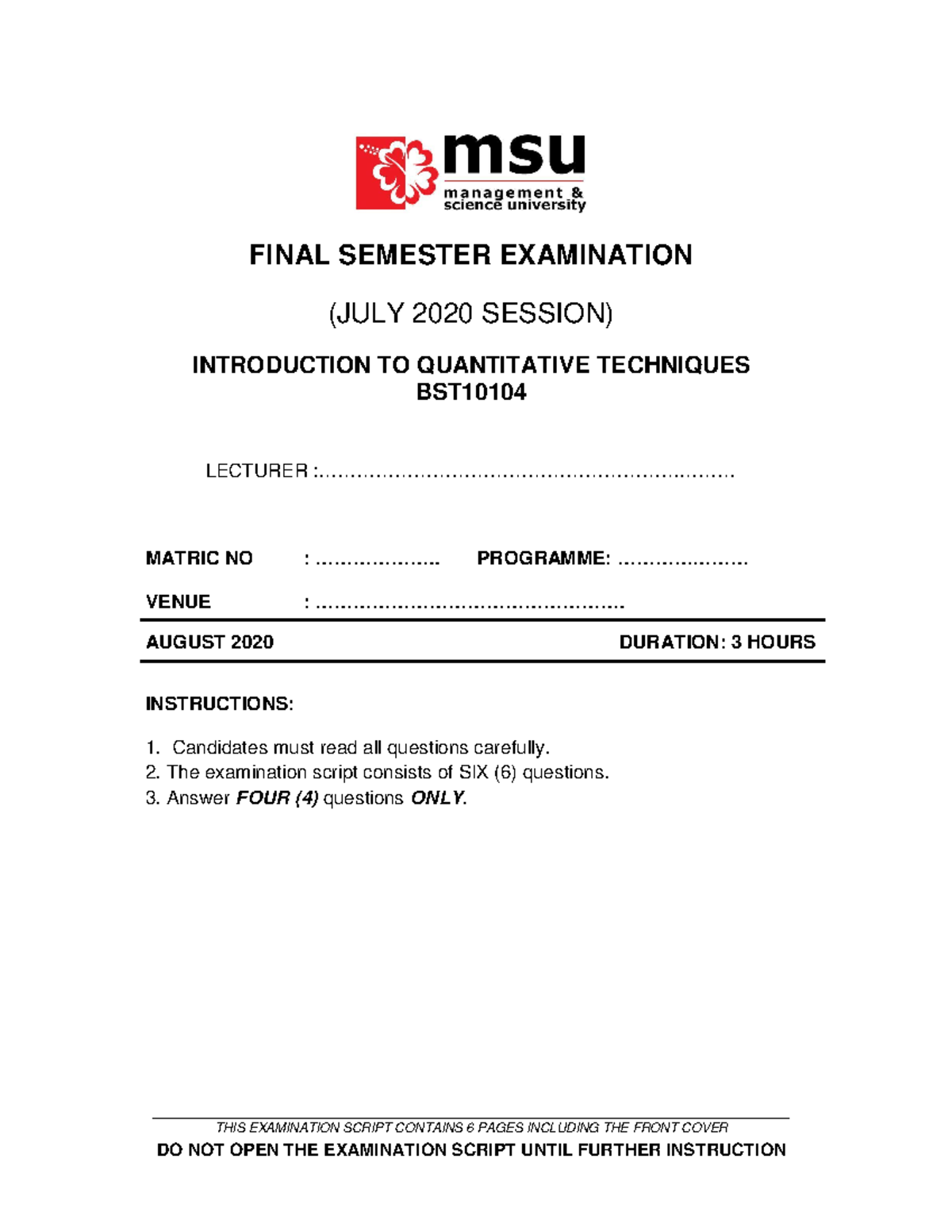 5 - past year - FINAL SEMESTER EXAMINATION (JULY 2020 SESSION ...