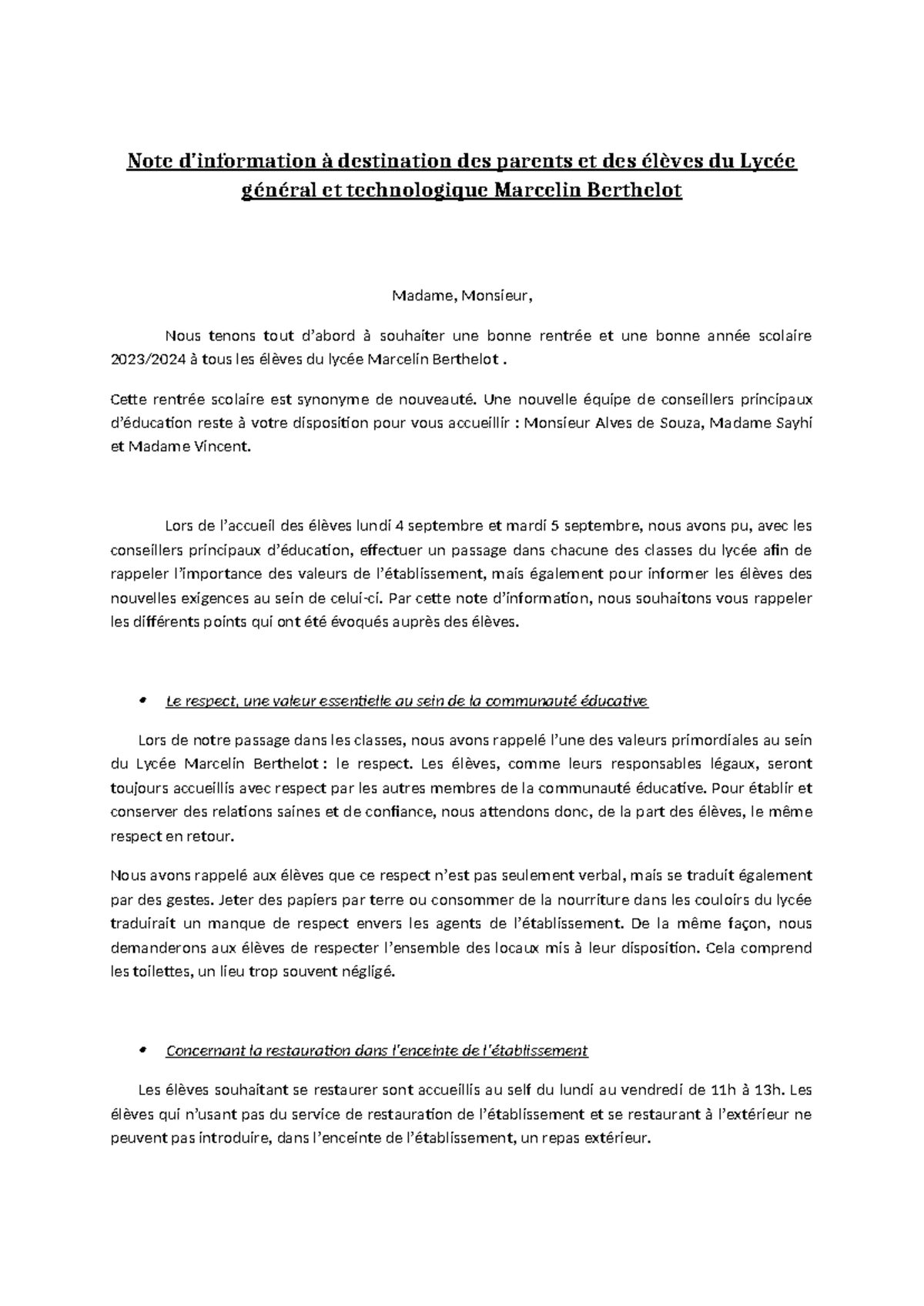 NOTE D' Information - Note d’information à destination des parents et ...