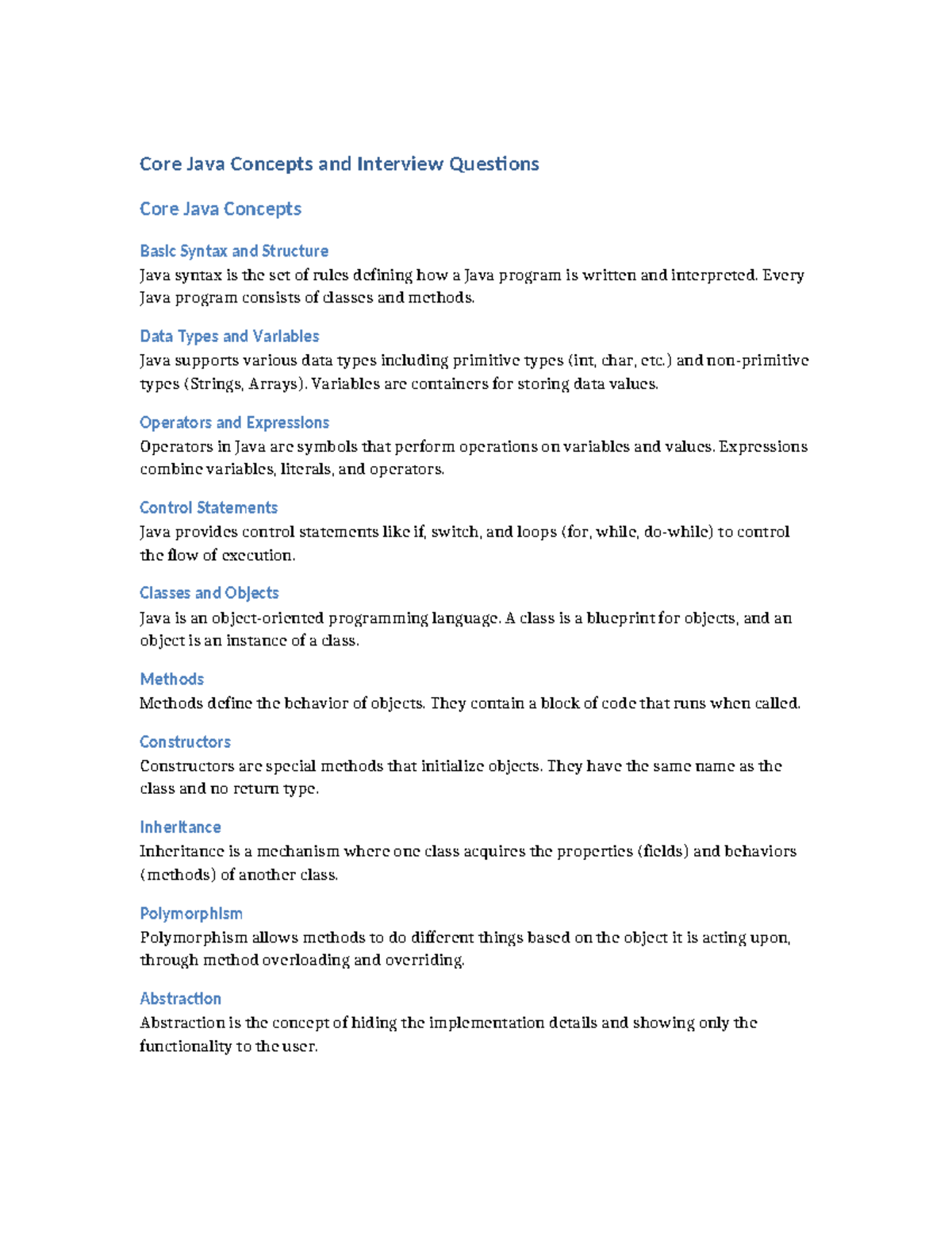 Core Java Concepts And Interview Questions Core Java Concepts And Interview Questions Core