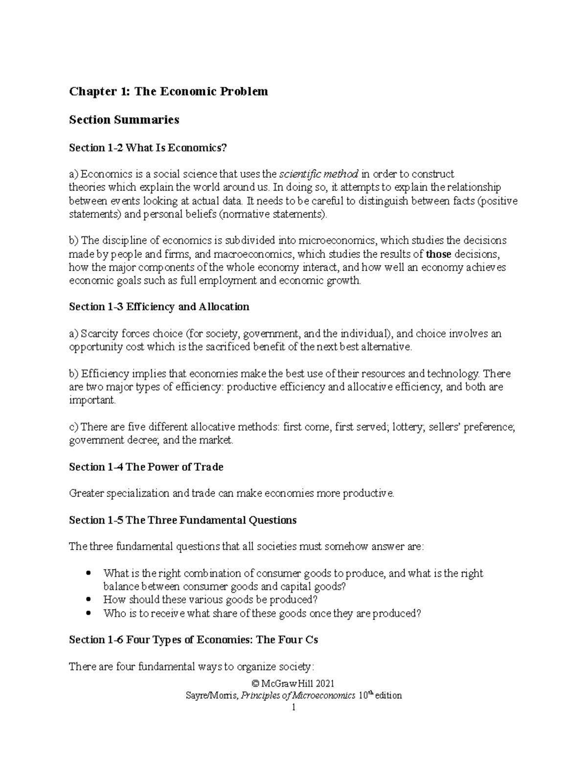 Sayre Morris 10e Micro Section Sum Ch1 - Chapter 1: The Economic ...