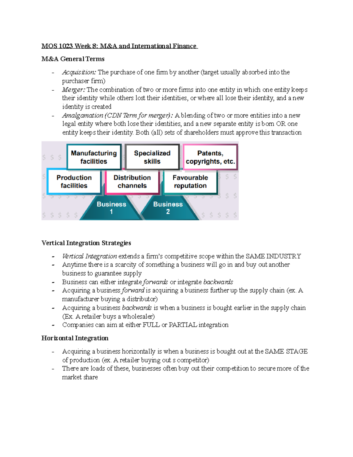 MOS 1023 Week 8 - Lecture notes for Class - MOS 1023 Week 8: M&A and ...