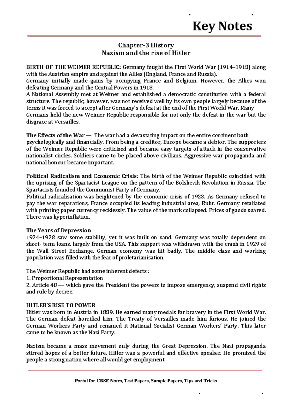 09 social science key notes history ch3 nazism and rise of hitler ...