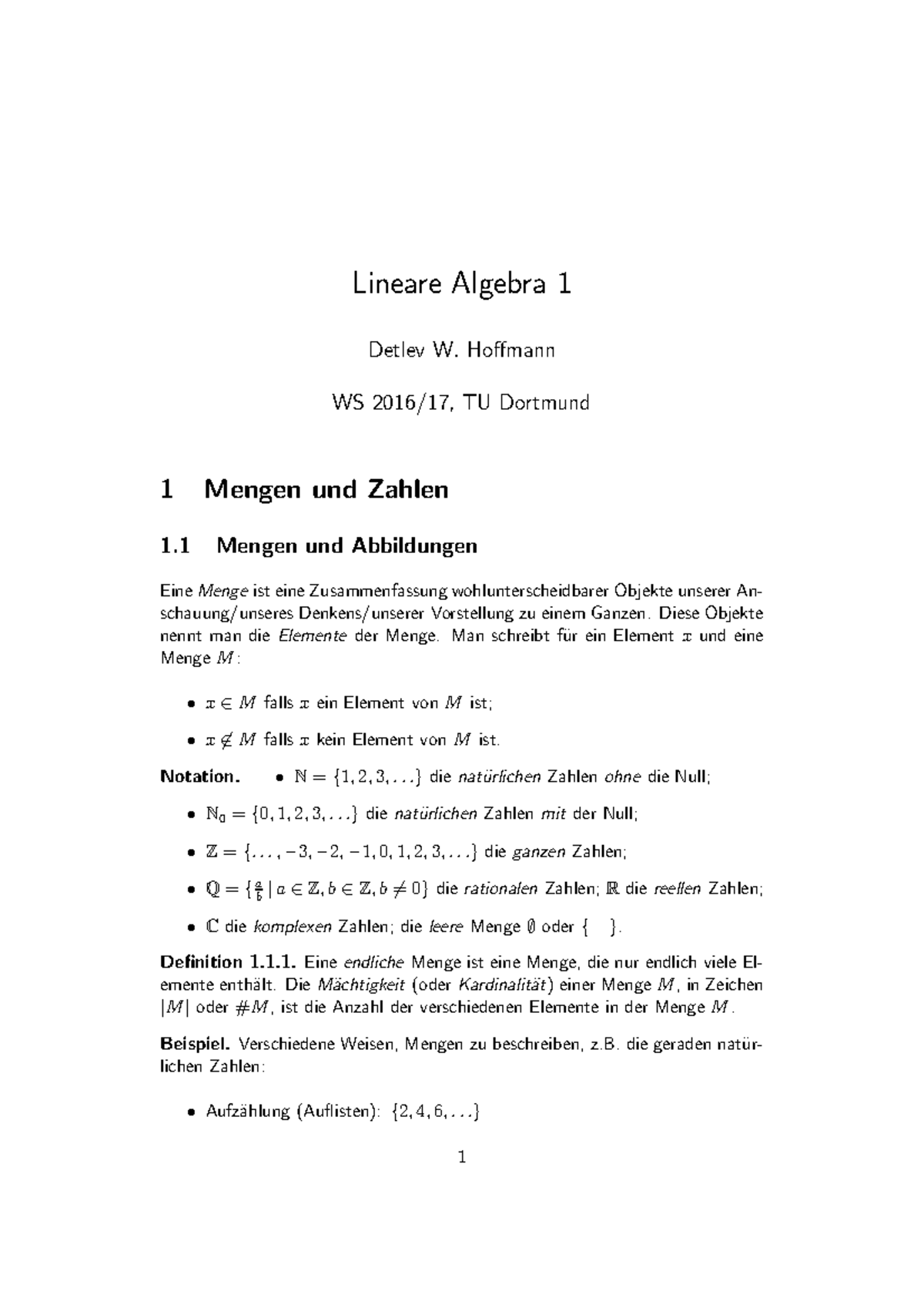Lineare Algebra I - Lineare Algebra 1 Detlev W. Hoffmann WS 2016/17, TU ...
