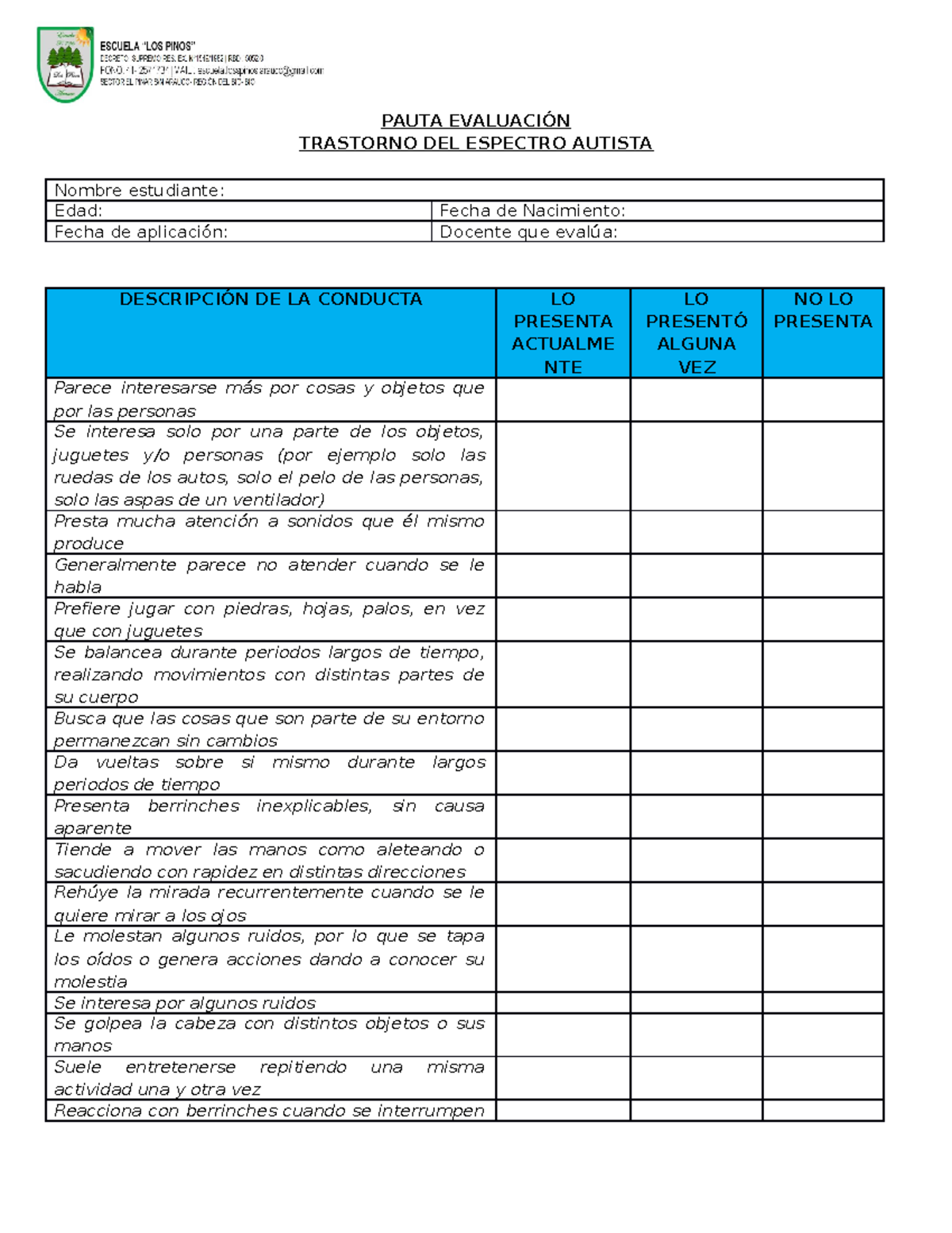 Pauta Evaluación TEA - para el trabajo con niños - PAUTA EVALUACIÓN ...