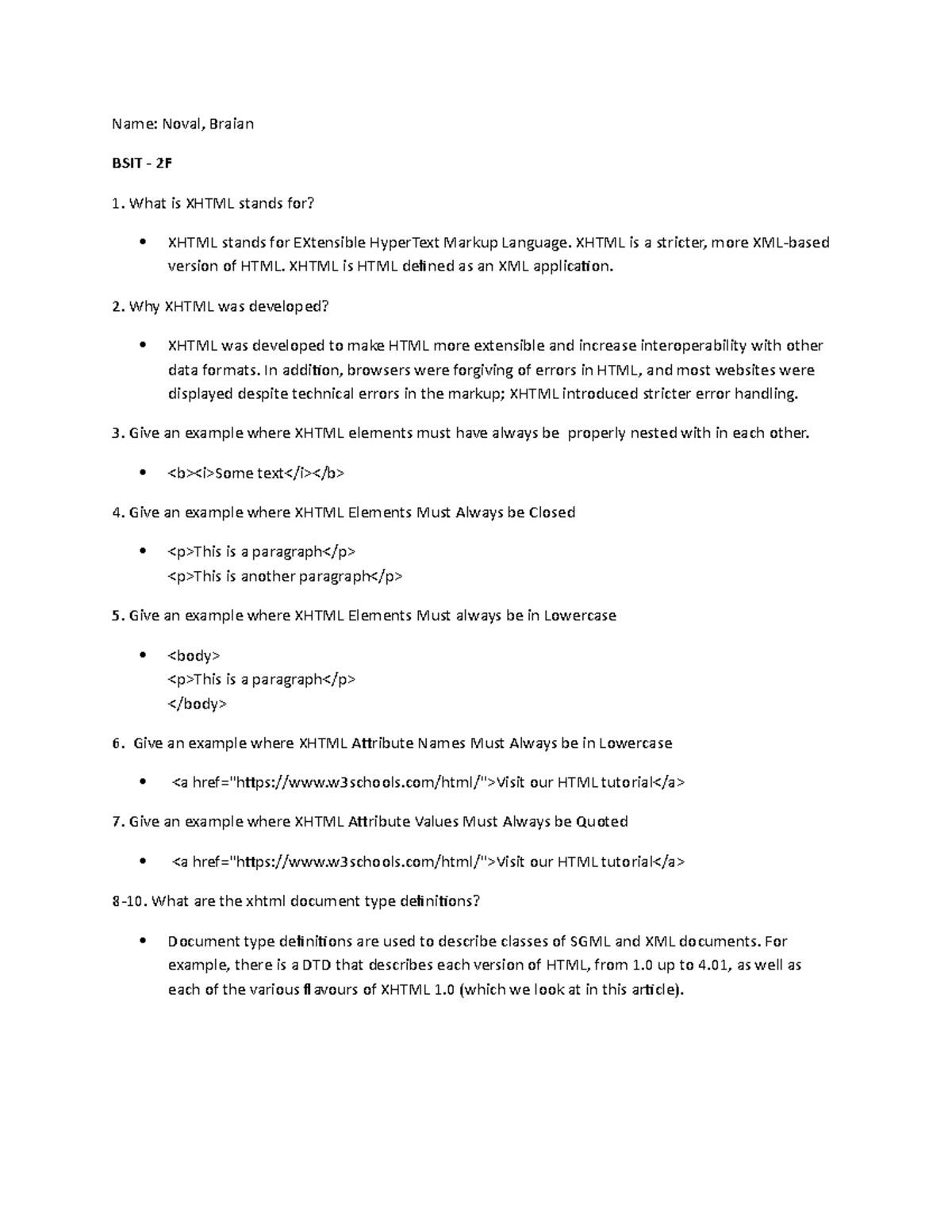 Noval Xhtml - Lecture notes 1 - Name: Noval, Braian BSIT - 2F What is ...