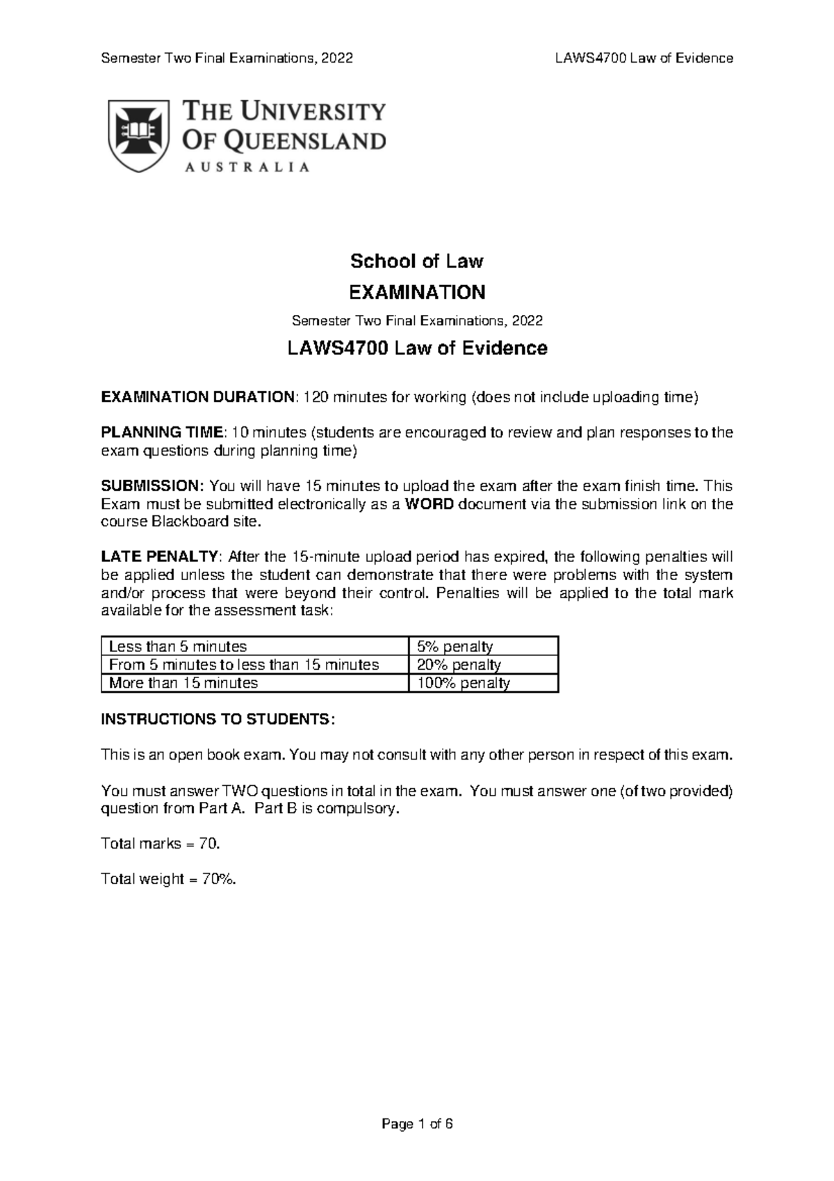 LAWS4700 S2 2022 Final Exam - School of Law EXAMINATION Semester Two ...