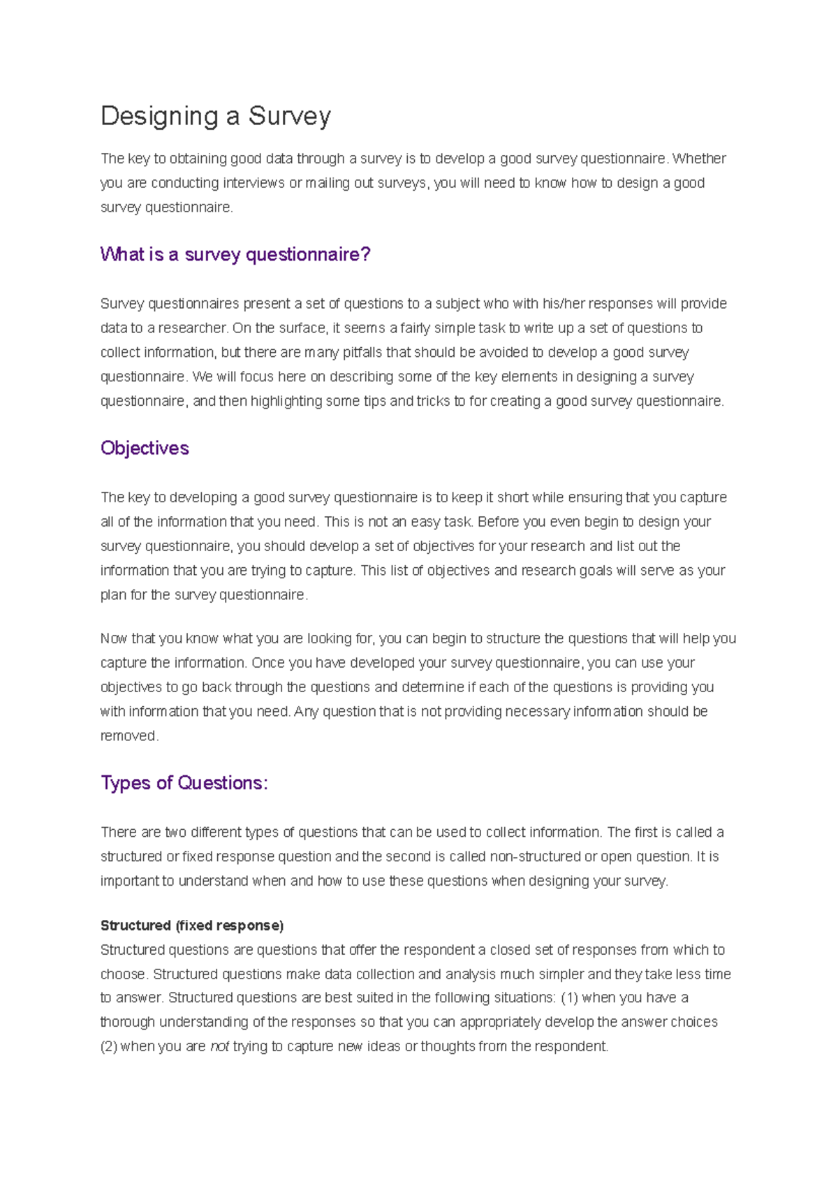 Designing a Survey - Whether you are conducting interviews or mailing ...