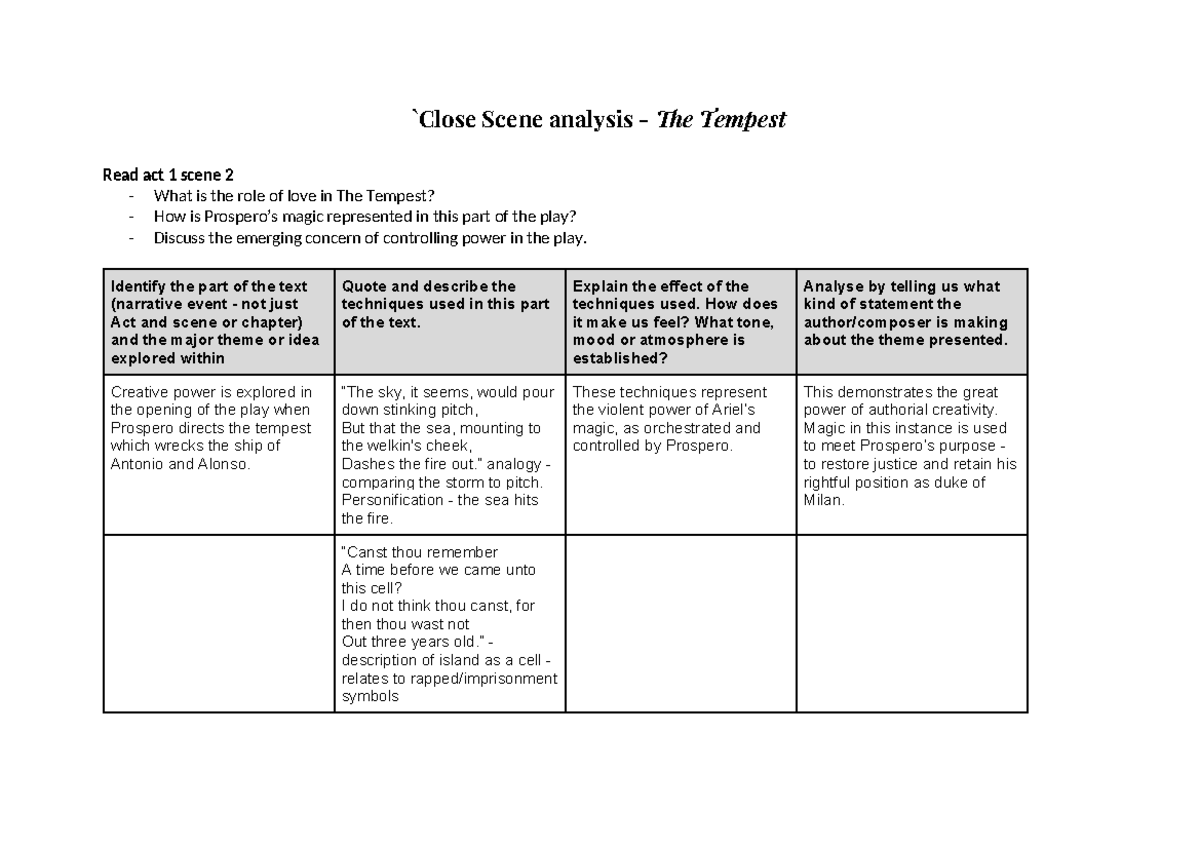 Scene analysis table The Tempest - `Close Scene analysis - The Tempest ...