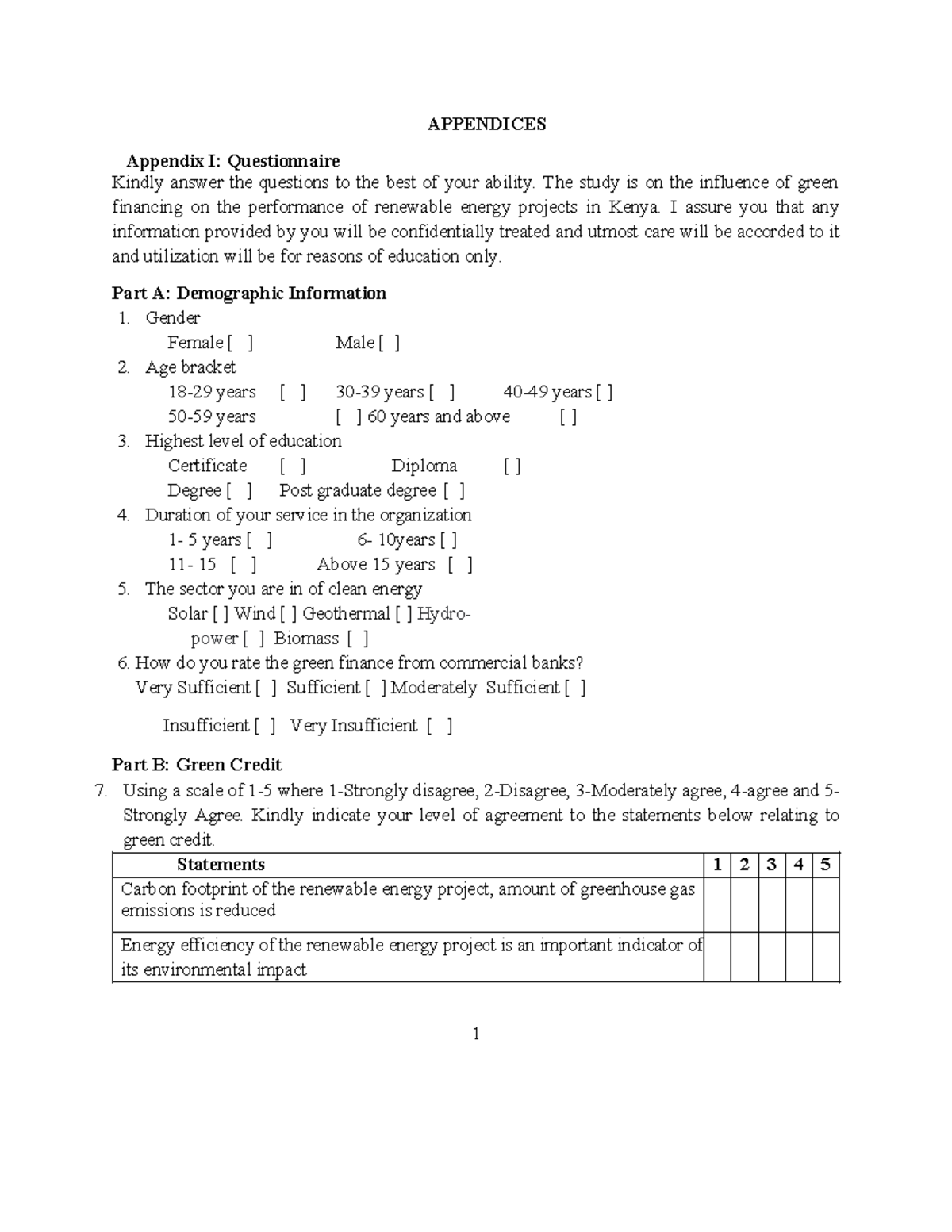 Sample Questionnaire - APPENDICES Appendix I: Questionnaire Kindly ...