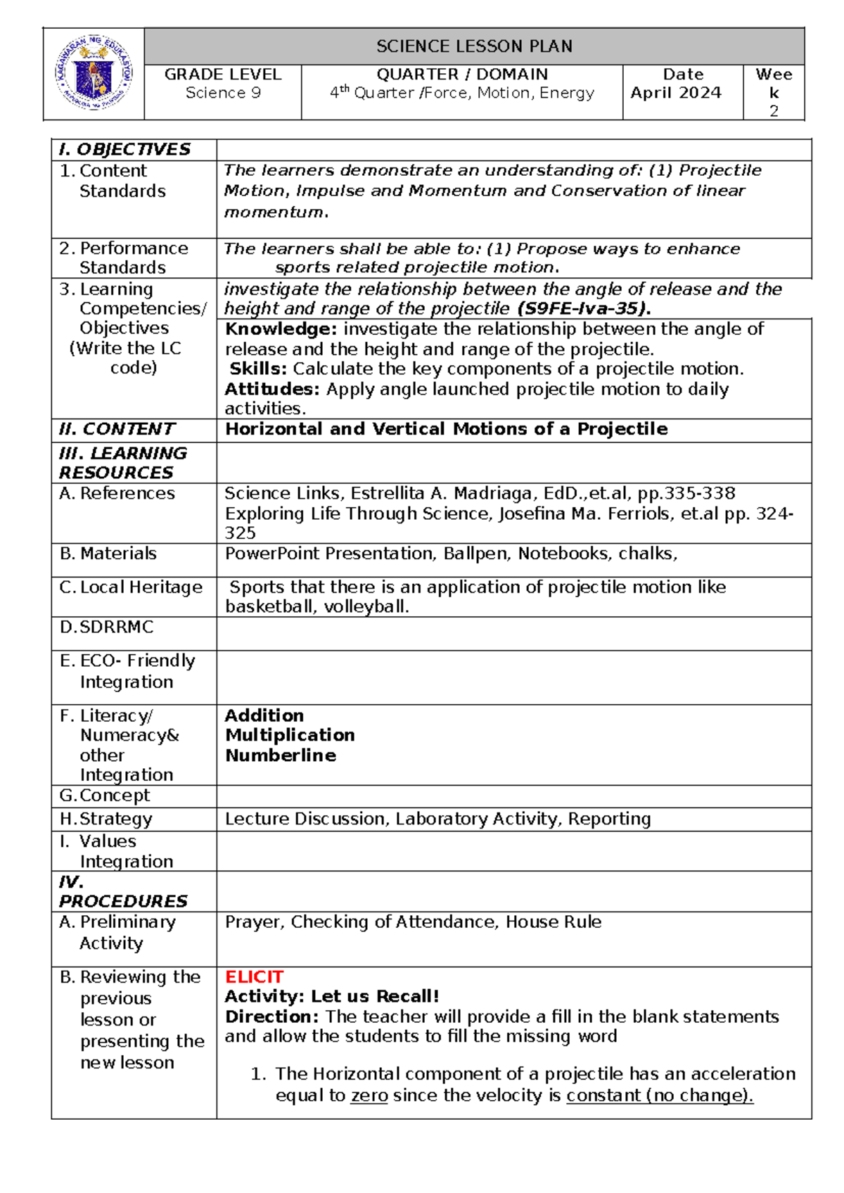 LP 6= Angle Launched Projectile - I. OBJECTIVES 1. Content Standards ...