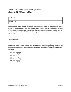 MECE 3350 Control Systems -Assignment 1-001 - MECE 3350 Control Systems - Assignment 1 (Due Sep ...