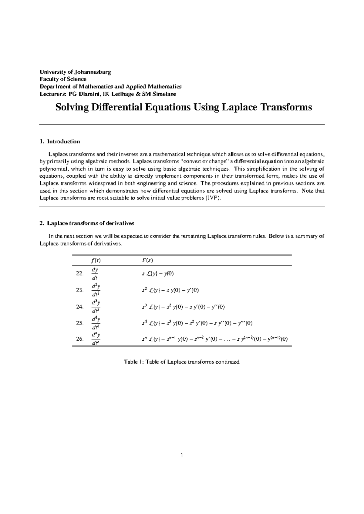 MATE2A2 Solving DEs with Laplace Transforms - University of Johannesburg Faculty of Science ...