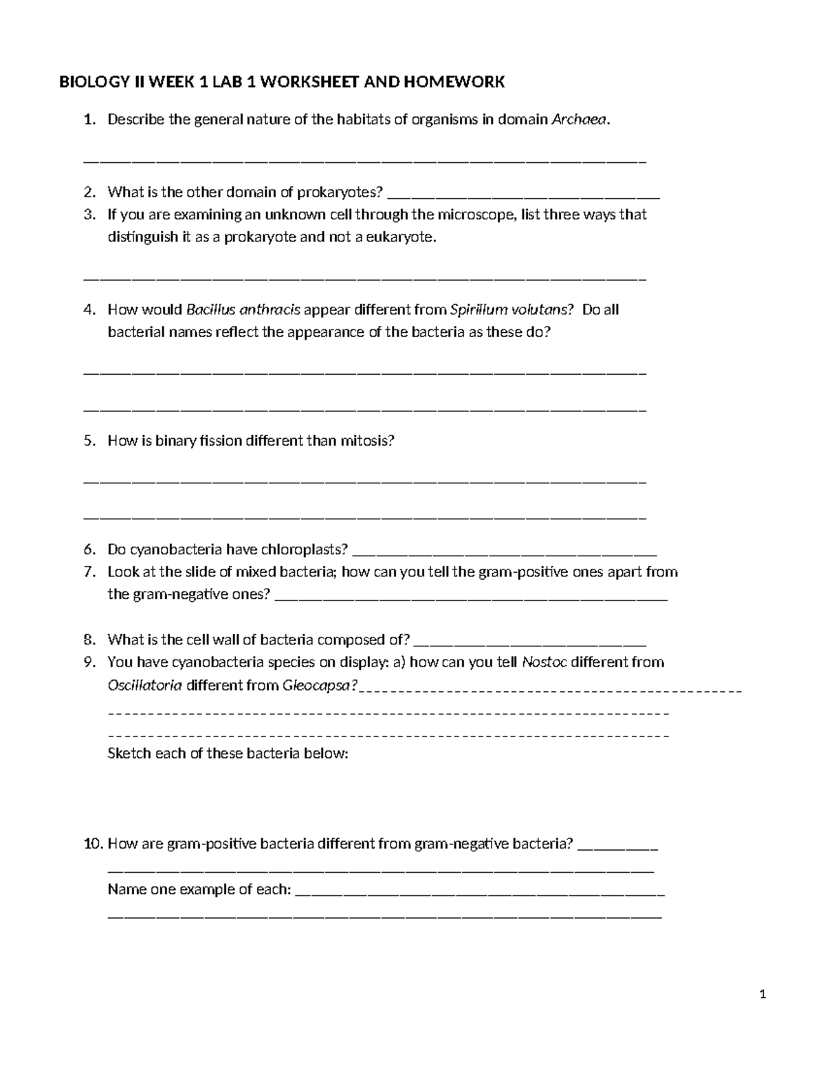 Bacteria and Archaea Worksheet 2020 - BIOLOGY II WEEK 1 LAB 1 WORKSHEET ...