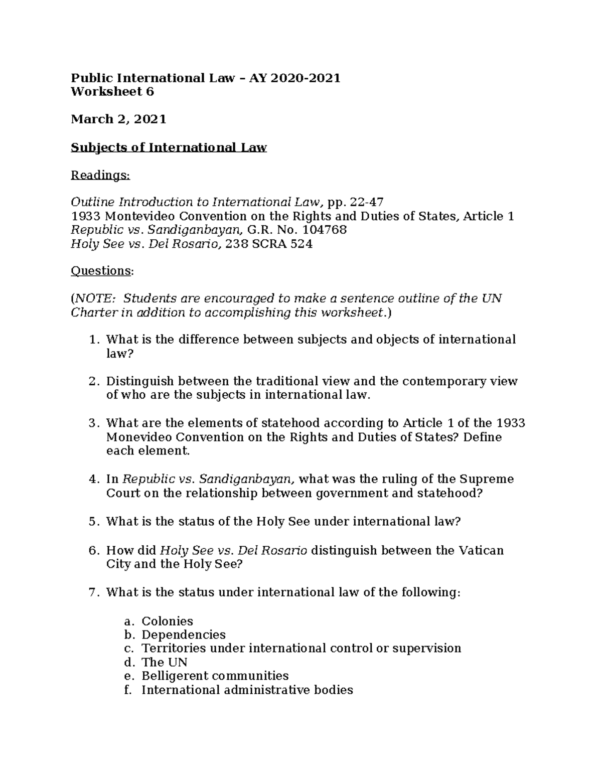 Worksheet 6 - Week 6 - Public International Law – AY 2020- Worksheet 6 ...
