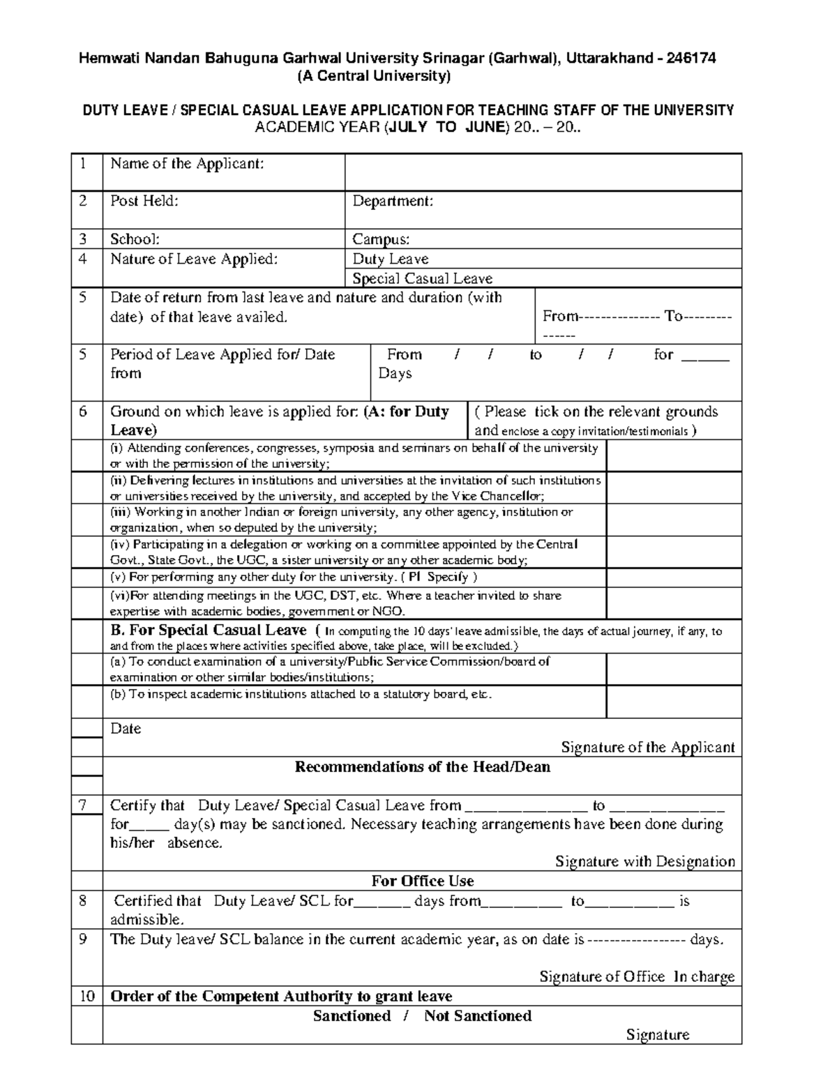 Leave Application format - Hemwati Nandan Bahuguna Garhwal University ...