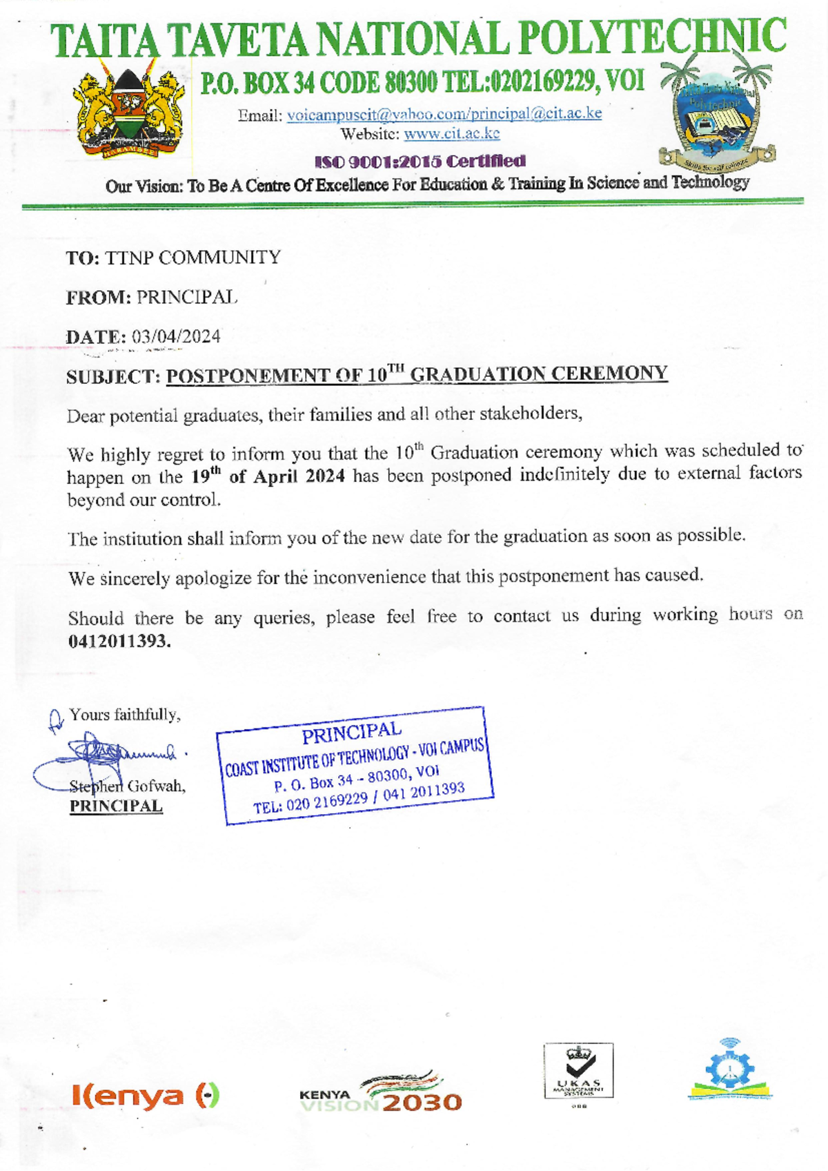 Graduation Postponement Letter - Civil Engineering - Studocu