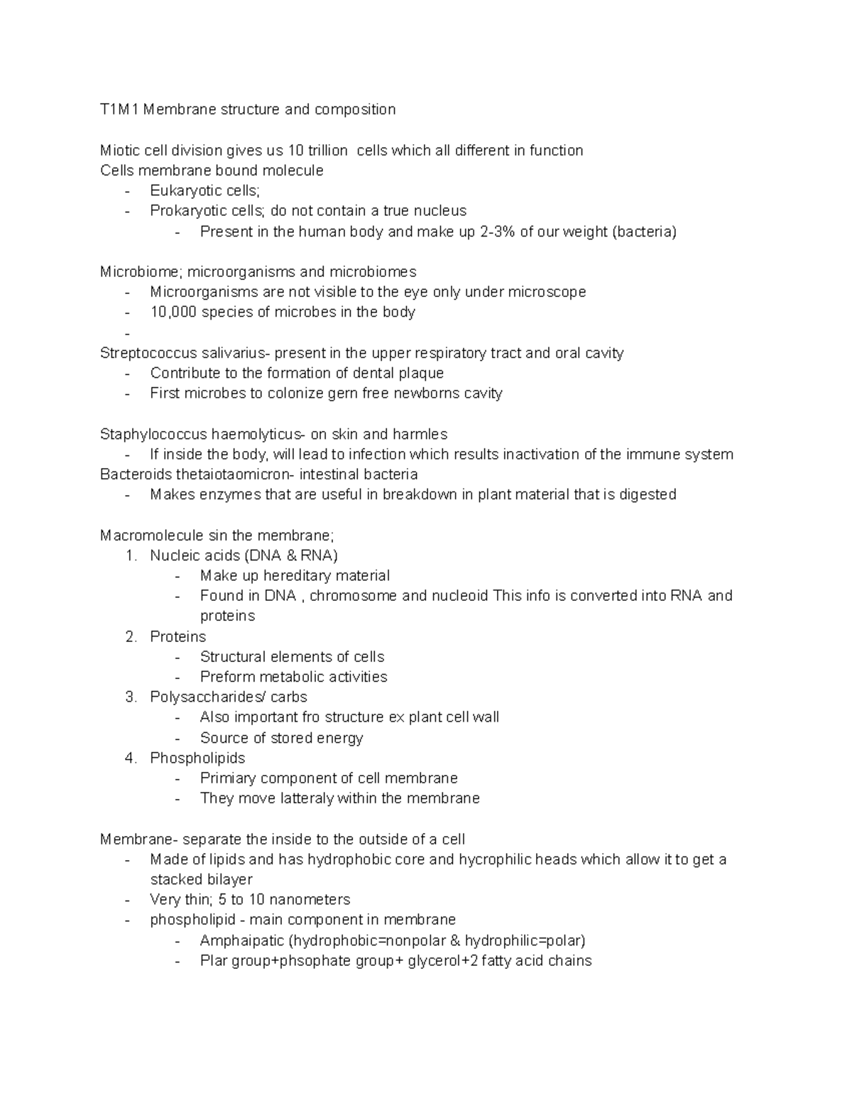 theme 1 notes with applied lectures - T1M1 Membrane structure and ...