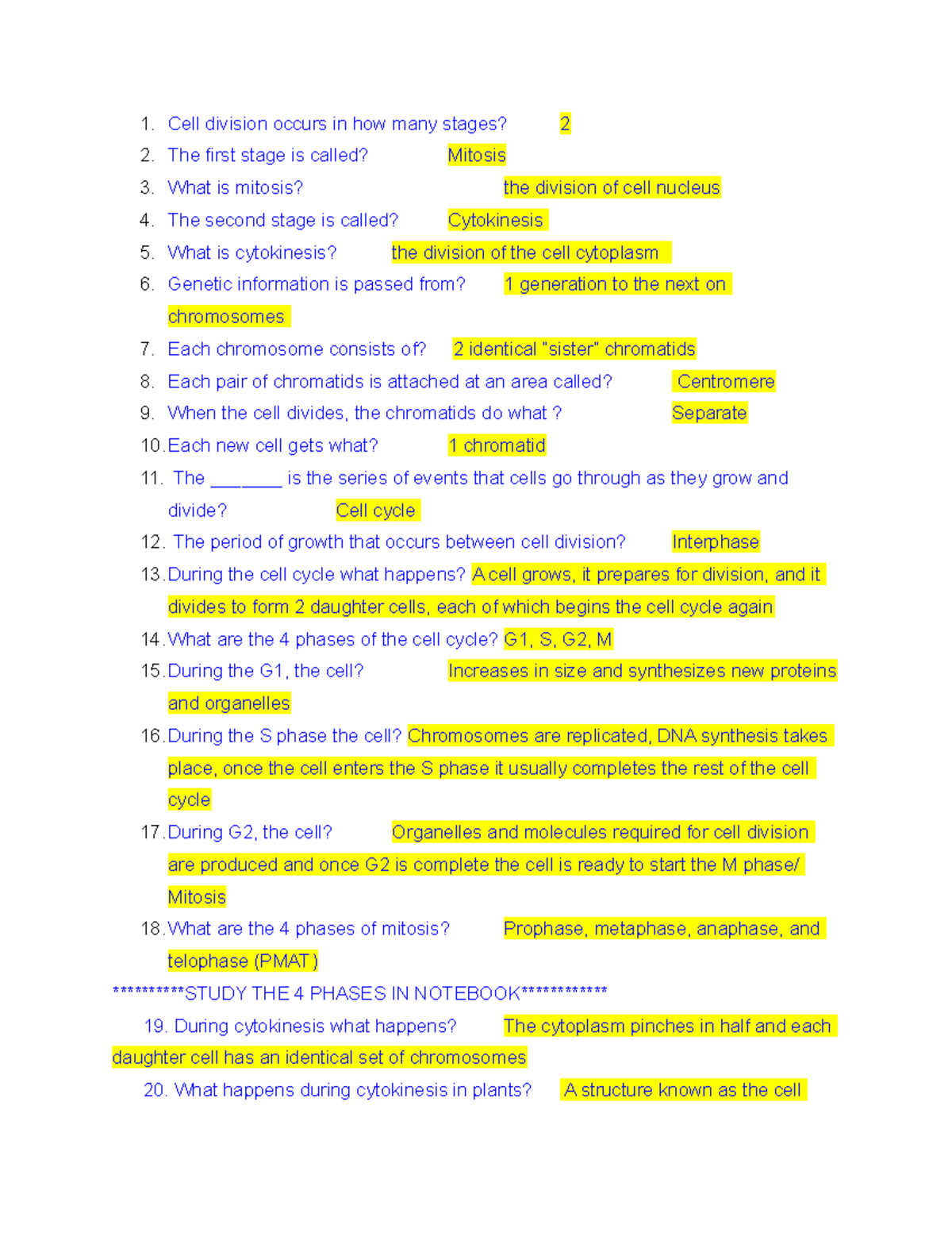 Cell Division Mitosos Studyguide Bio Honors - 1. Cell division occurs ...