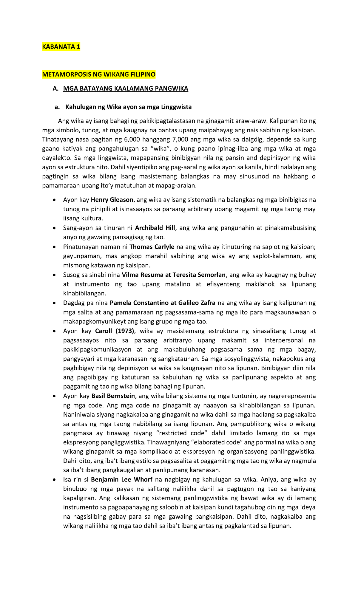Fildis NA Kumpleto - KABANATA 1 METAMORPOSIS NG WIKANG FILIPINO A. MGA ...