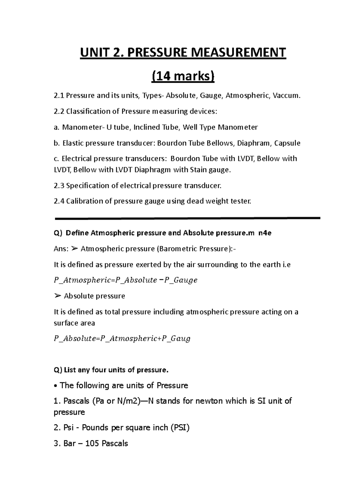 22420 IEM Notes UNIT -2 - UNIT 2. PRESSURE MEASUREMENT (14 marks) 2 ...