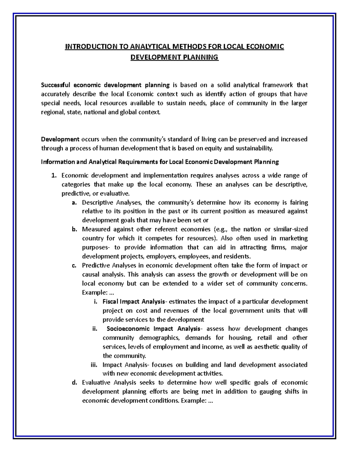 Introduction TO Analytical Methods FOR Local Economic Development ...