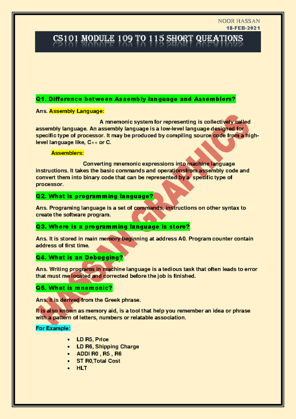 CS101 109 to 115 imp - Quia - 18 - FEB- 2021 CS101 MODULE 109 TO 115 SHORT QUEATIONS Q1 ...