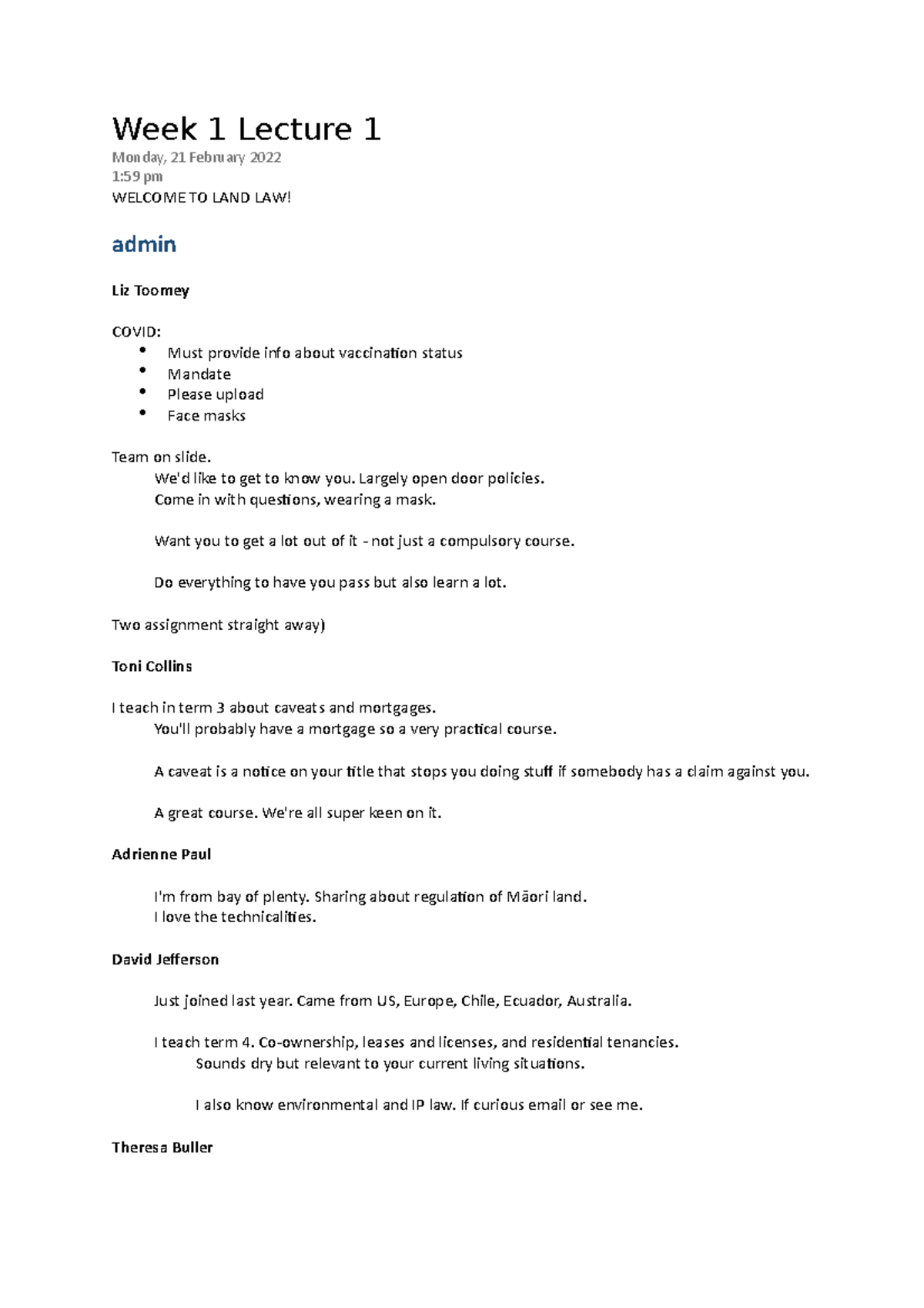 Full Land Law Notes - Liz Toomey - Week 1 Lecture 1 Monday, 21 February ...