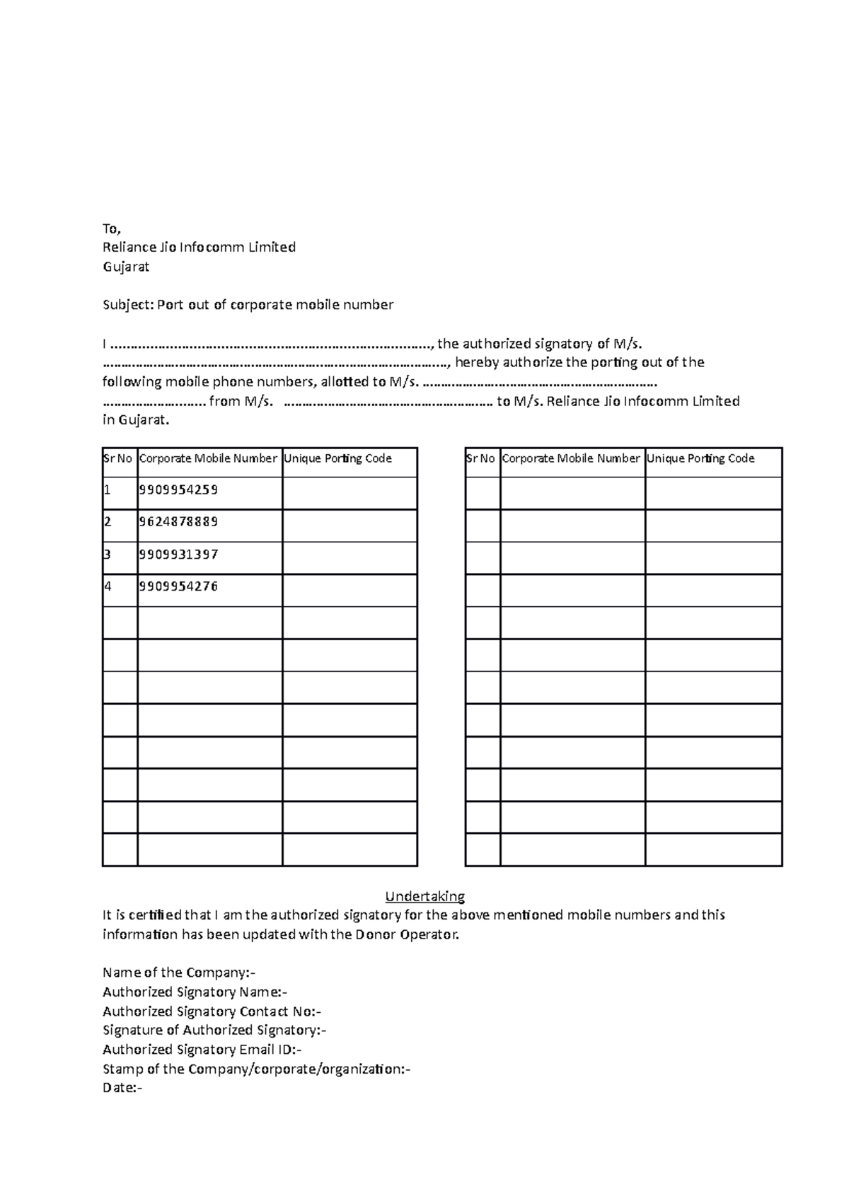 New MNP Letter - To, Reliance Jio Infocomm Limited Gujarat Subject ...