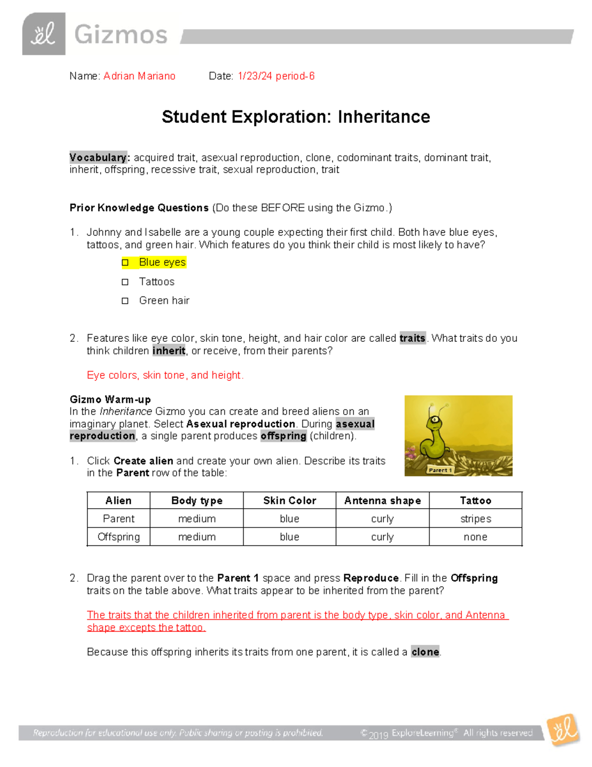 Inheritance SE - Name: Adrian Mariano Date: 1/23/24 period- Student Exploration: Inheritance ...