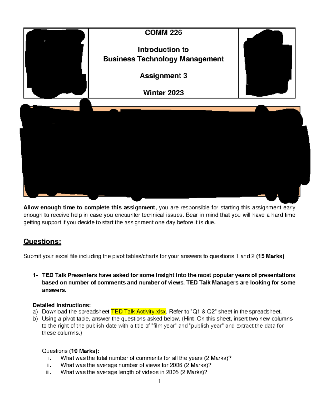 COMM 226 Assignment 3 - 1 Department of Supply Chain and Business Technology Management COMM 226 ...