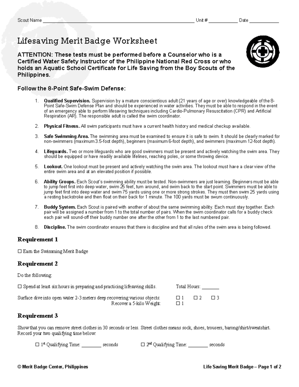 Ws lifesaving - worksheet for life saving - Scout Name - Studocu