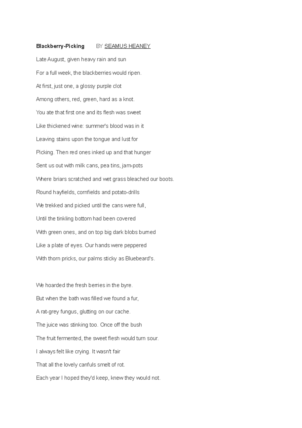 Blackberry Picking - poem - Blackberry-Picking BY SEAMUS HEANEY Late ...