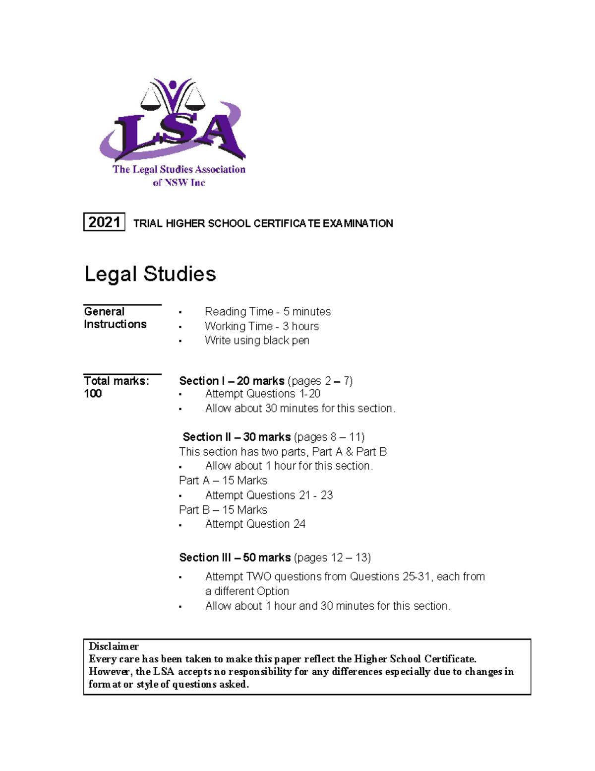 2021 LSA Trial - 2021 TRIAL HIGHER SCHOOL CERTIFICATE EXAMINATION Legal ...