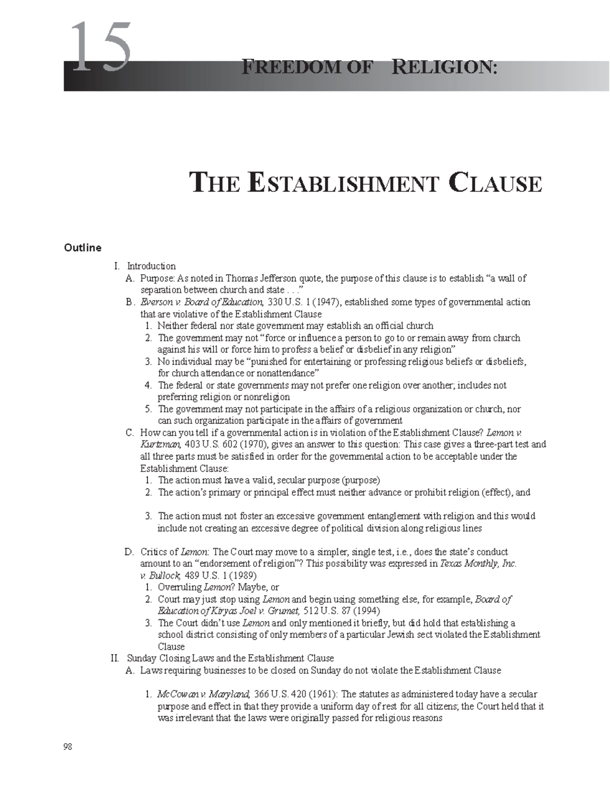Ch15 Freedom of Religion The Establishment Clause - 15 CHAPTER FREEDOM ...