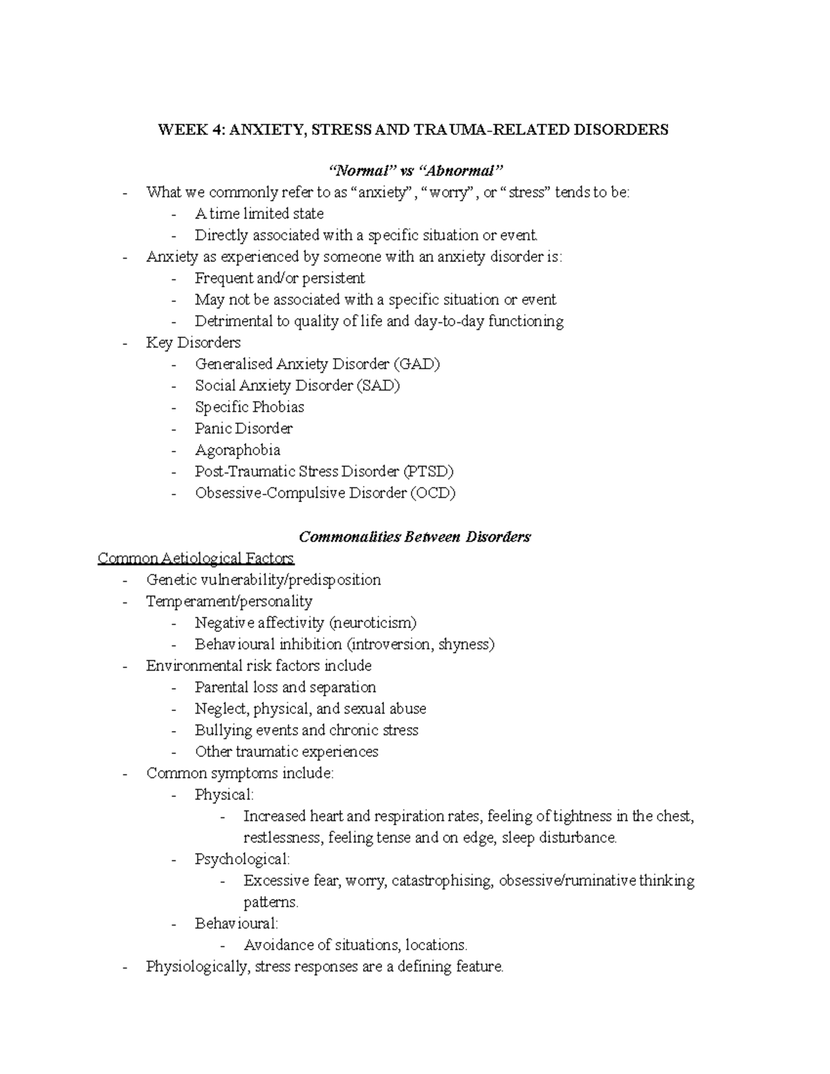 PSY305 WEEK 4 Anxiety, Stress AND Trauma Related Disorders Notes - WEEK ...