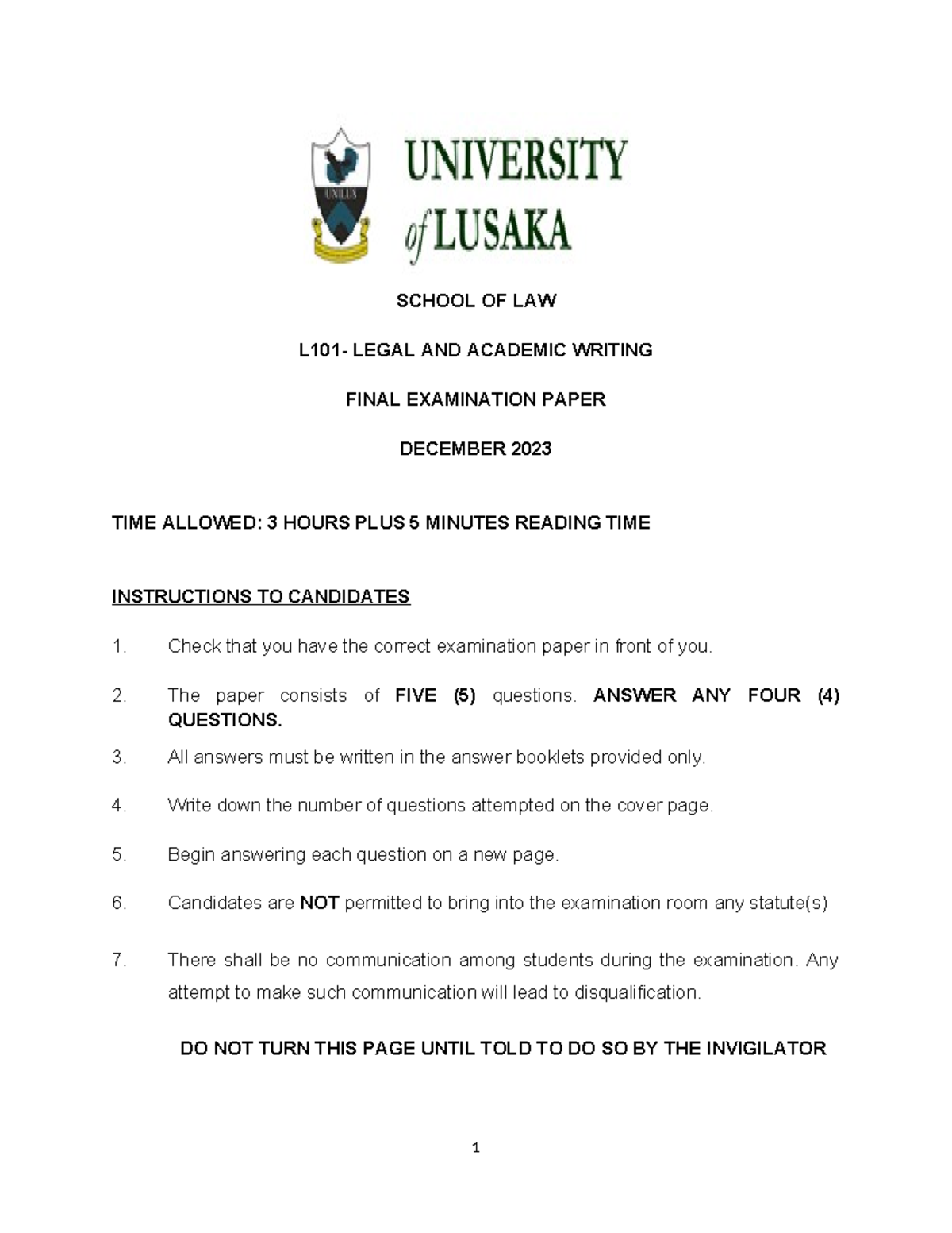 Answ L101 final exam - SCHOOL OF LAW L 101 - LEGAL AND ACADEMIC WRITING ...