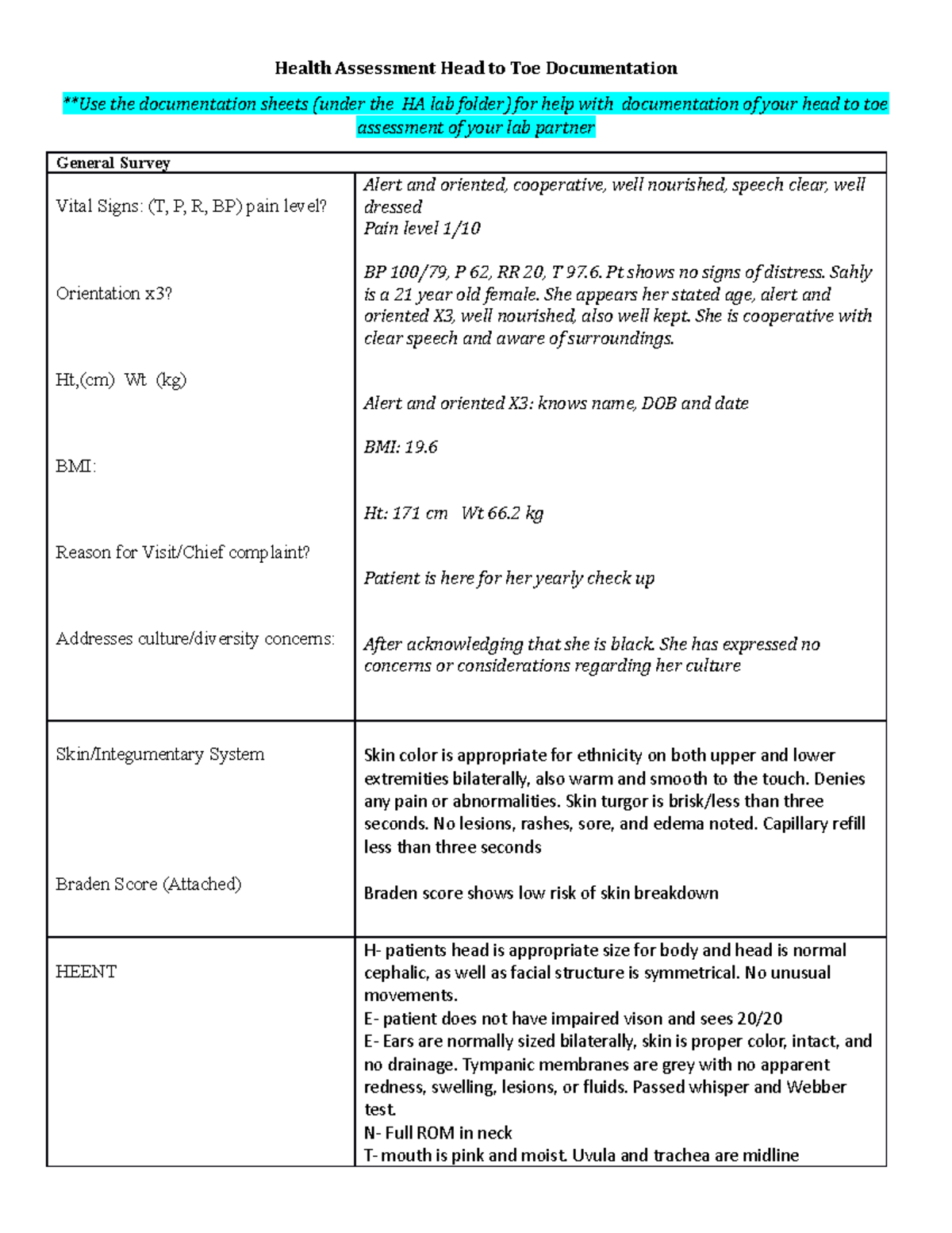 New Head to Toe Documentation blank - Health Assessment Head to Toe ...
